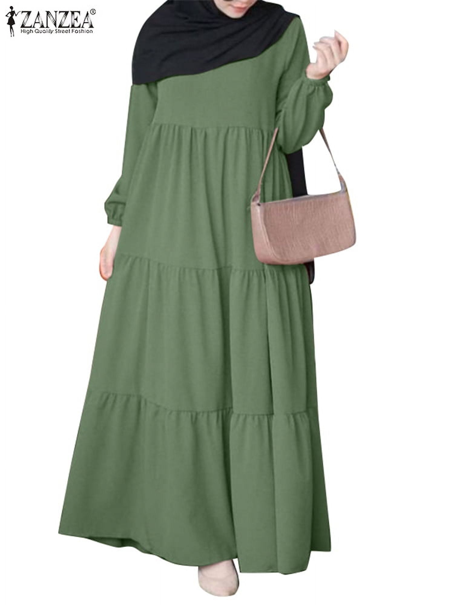 ZANZEA Womens Muslim Casual Street Cake Dresses Puff Sleeve Babydoll ...