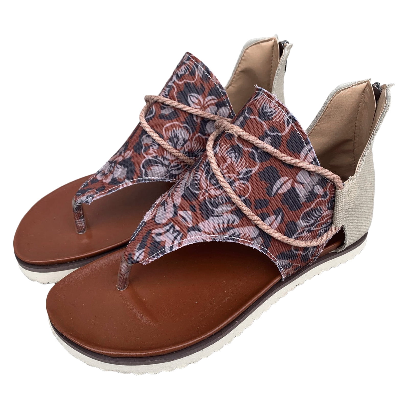 ZAROYEAX Ladies Summer Casual Retro Floral Fabric Clip Toe Flat Bottom ...