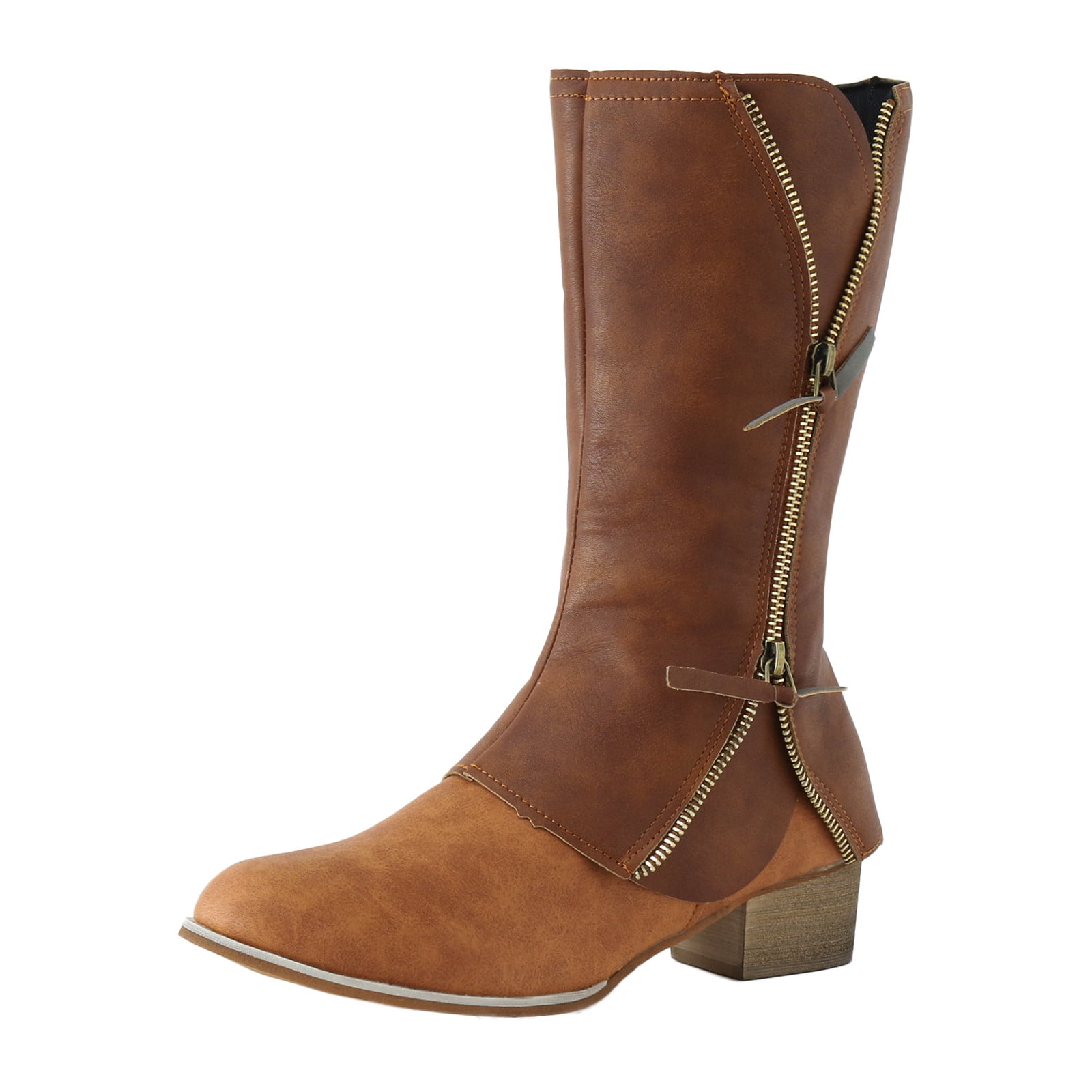 ZAROYEAX Ladies Vintage Solid Leather Double Zipper Thick Heel Fashion ...