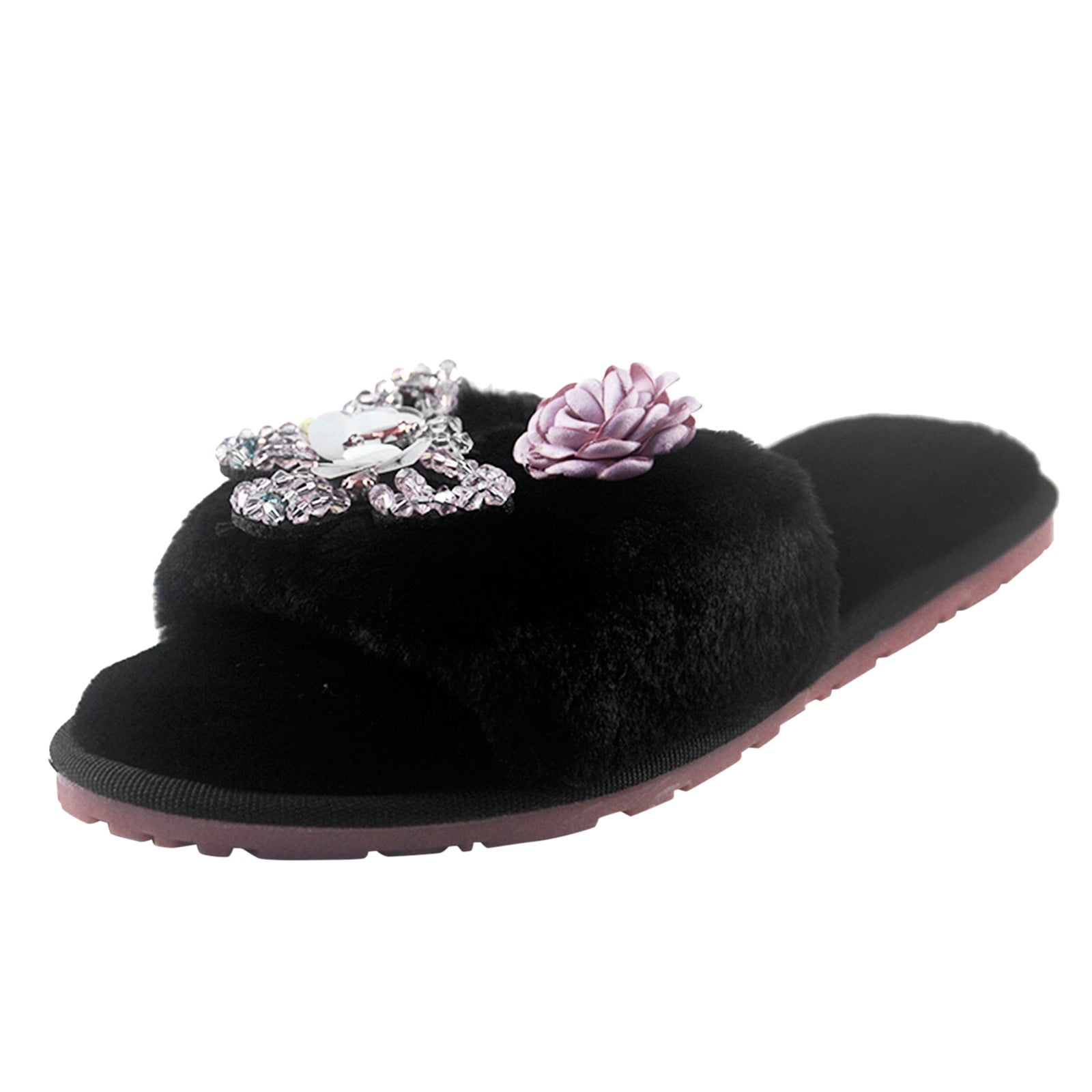 ZAROYEAX Plush Shoes Flat Open on Home Flowers Slippers Toe Warm Furry ...