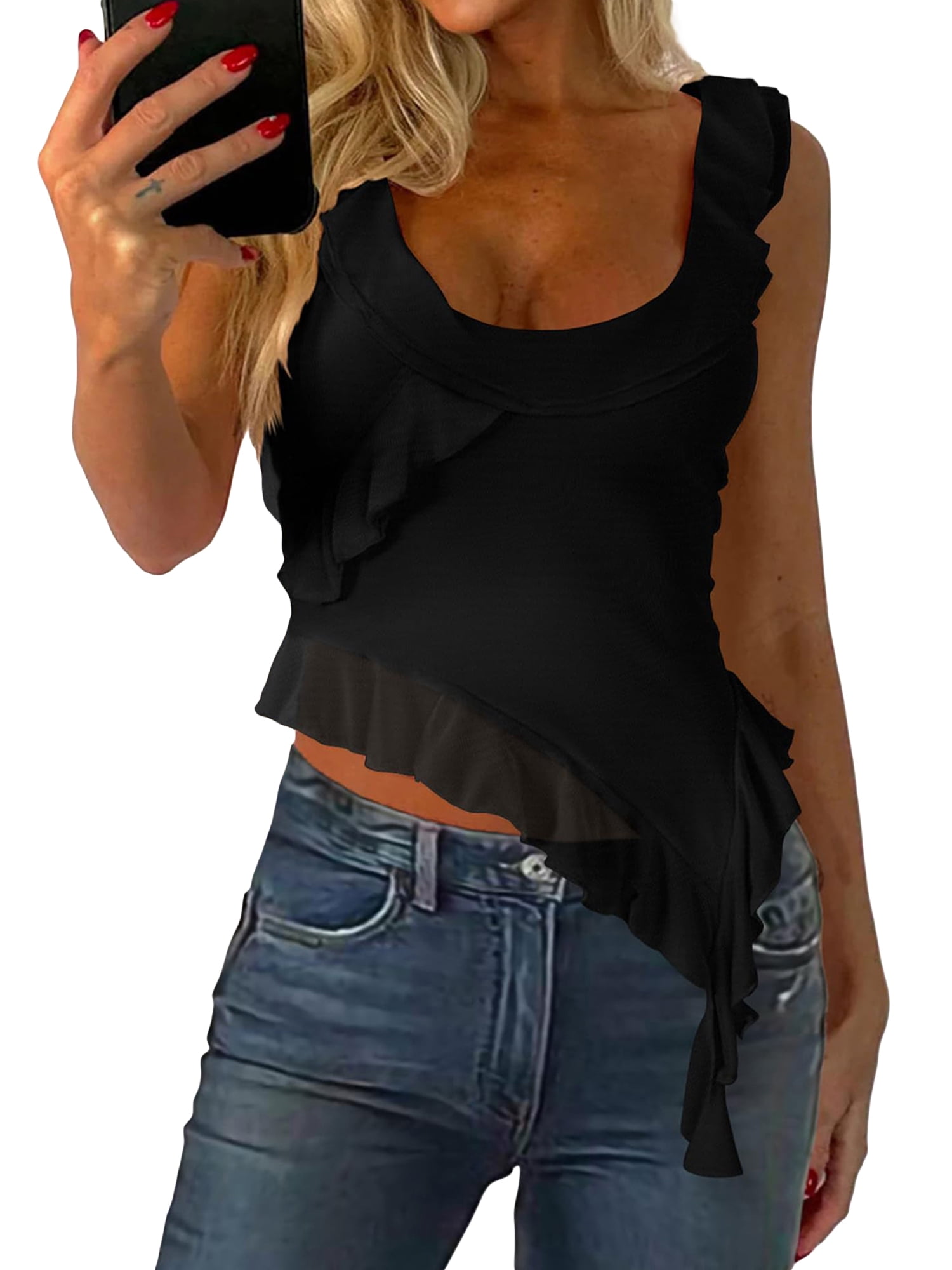 ZAXARRA Women Asymmetrical Mesh Tank Tops Solid Color Scoop Neck ...