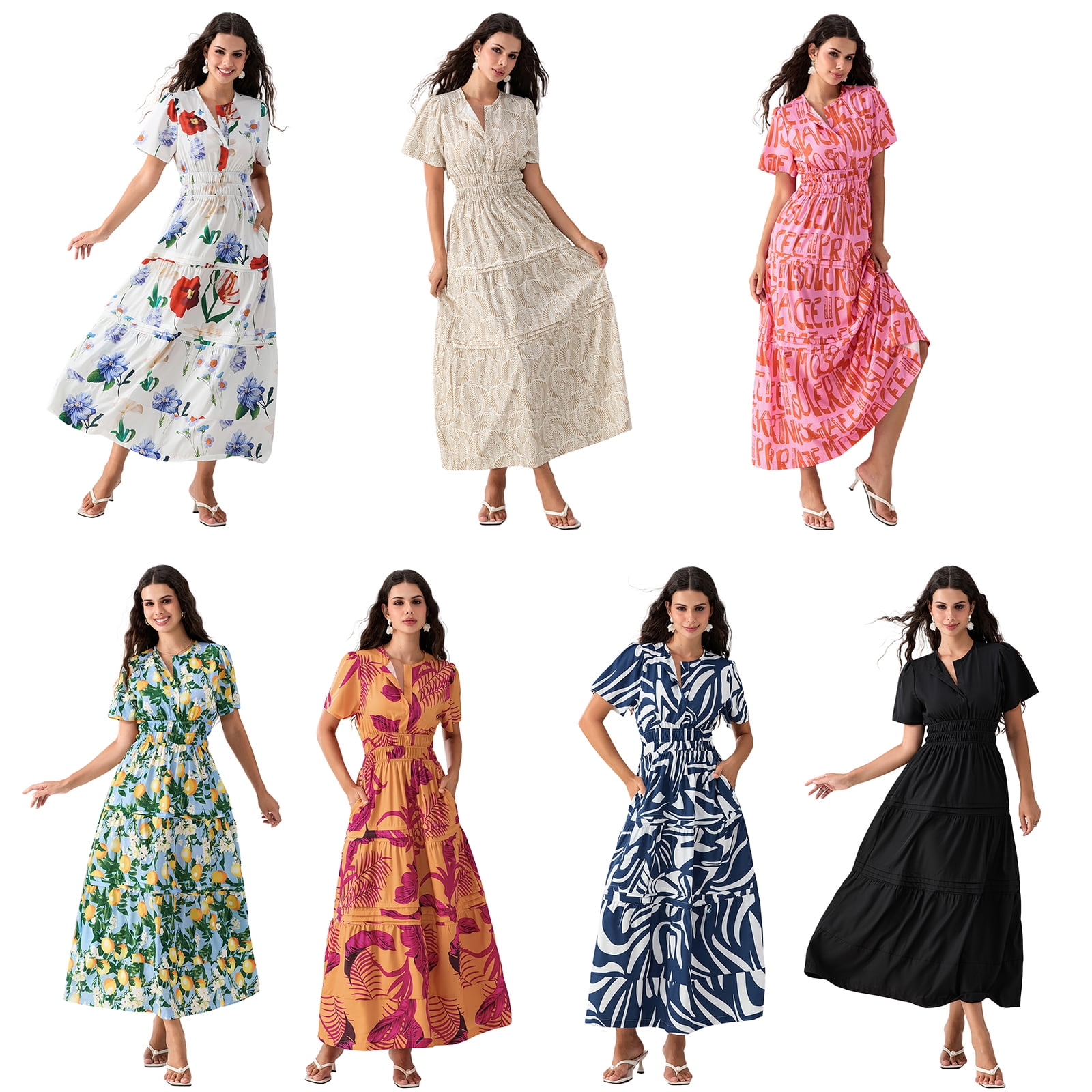 ZAXARRA Women Boho Floral Maxi Dress Short Sleeve V Neck Long Ruffle Dress Smocked Waist Aline ...