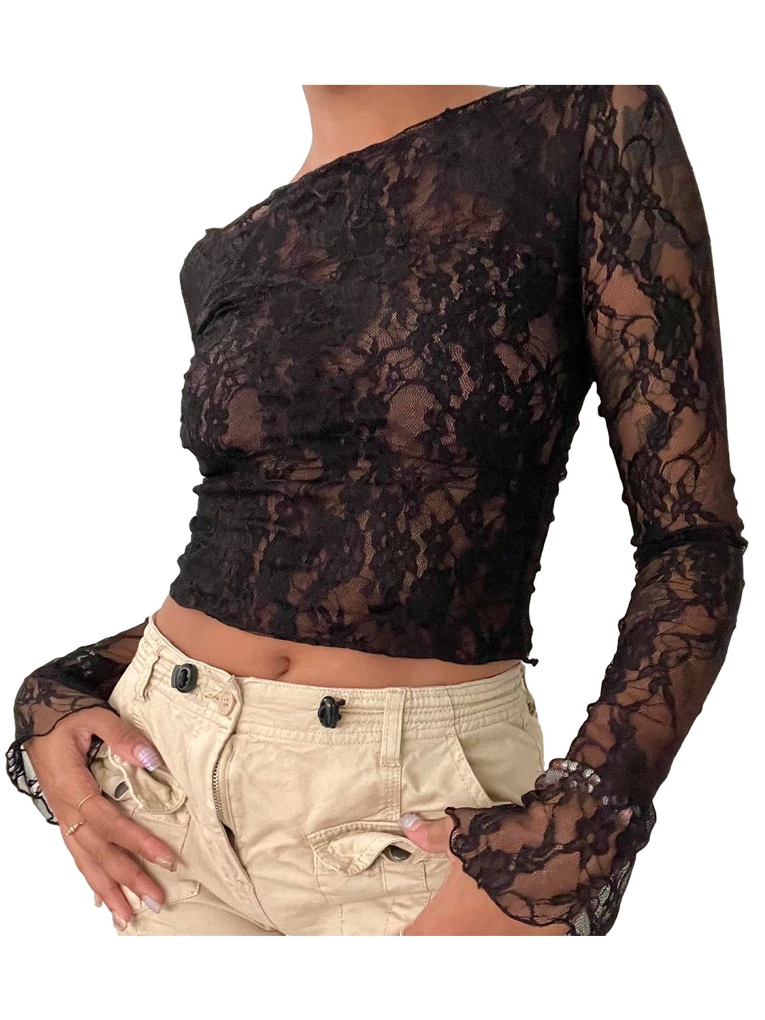 ZAXARRA Women Crop Off-Shoulder Tops See-Through Lace Long Sleeve Shirt ...