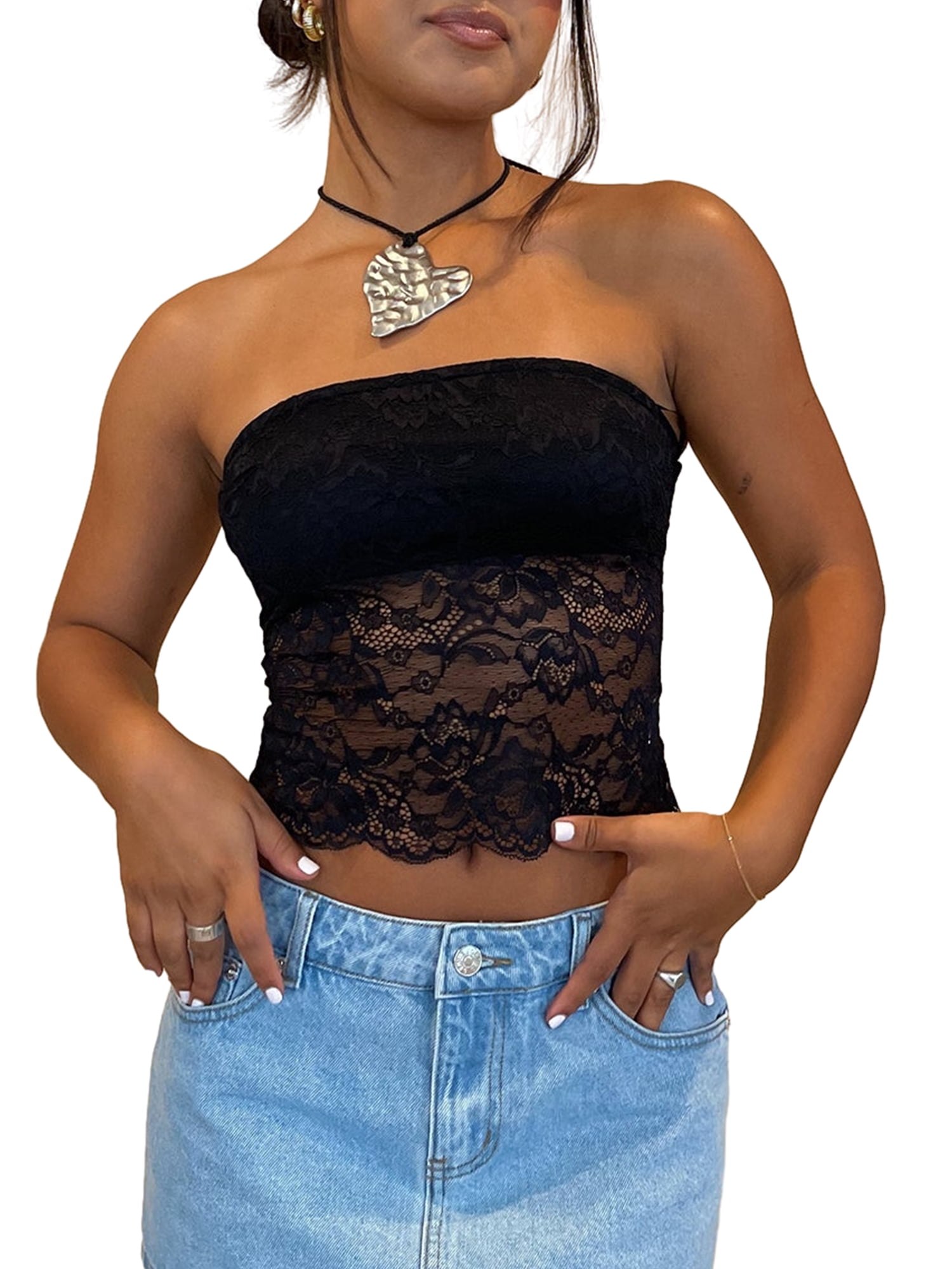 Zaxarra Women Floral Lace Tube Tops Summer Strapless Cropped Bandeau