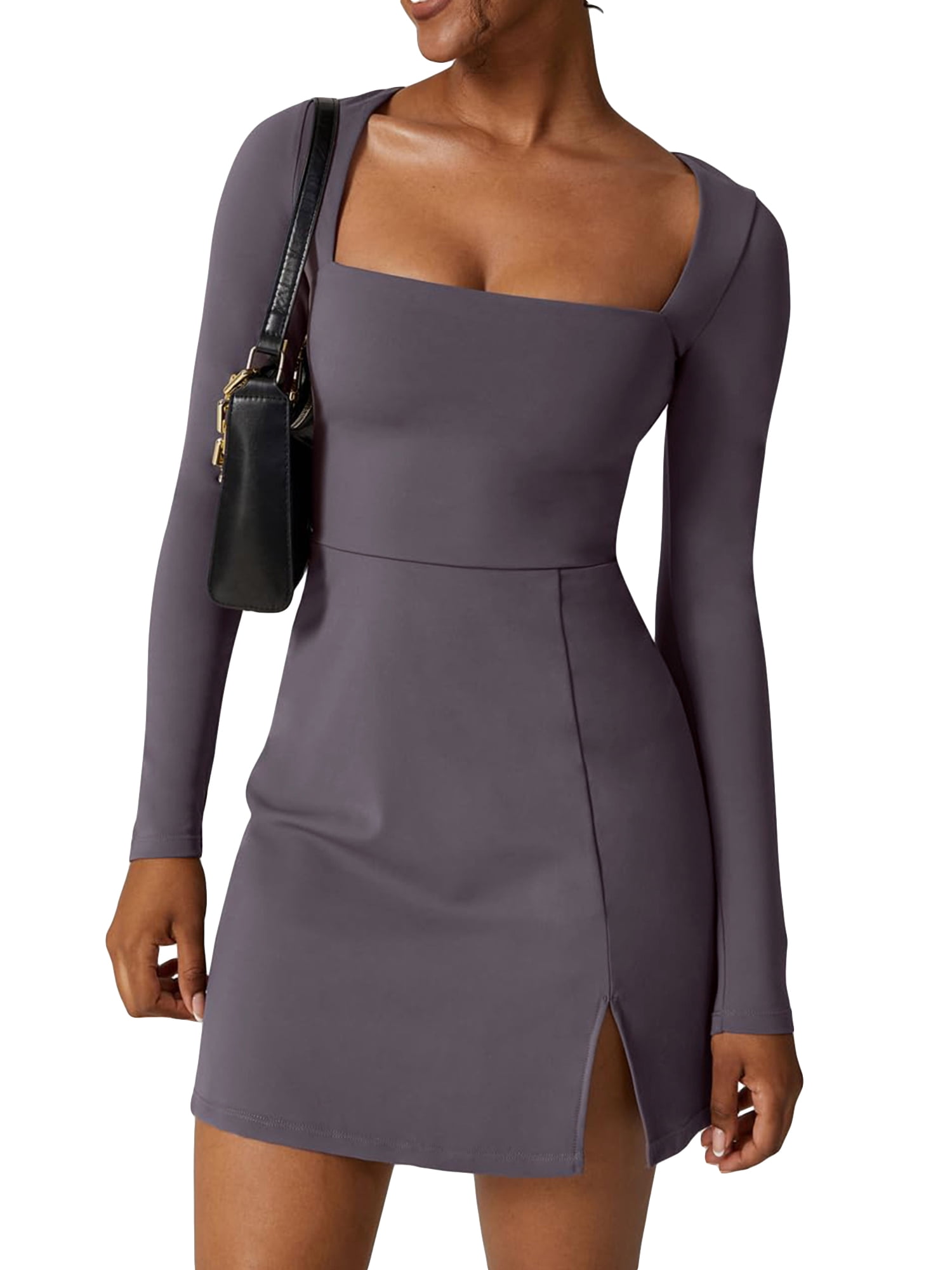 ZAXARRA Women Spring Summer Short Dress Solid Color Long Sleeve Split ...