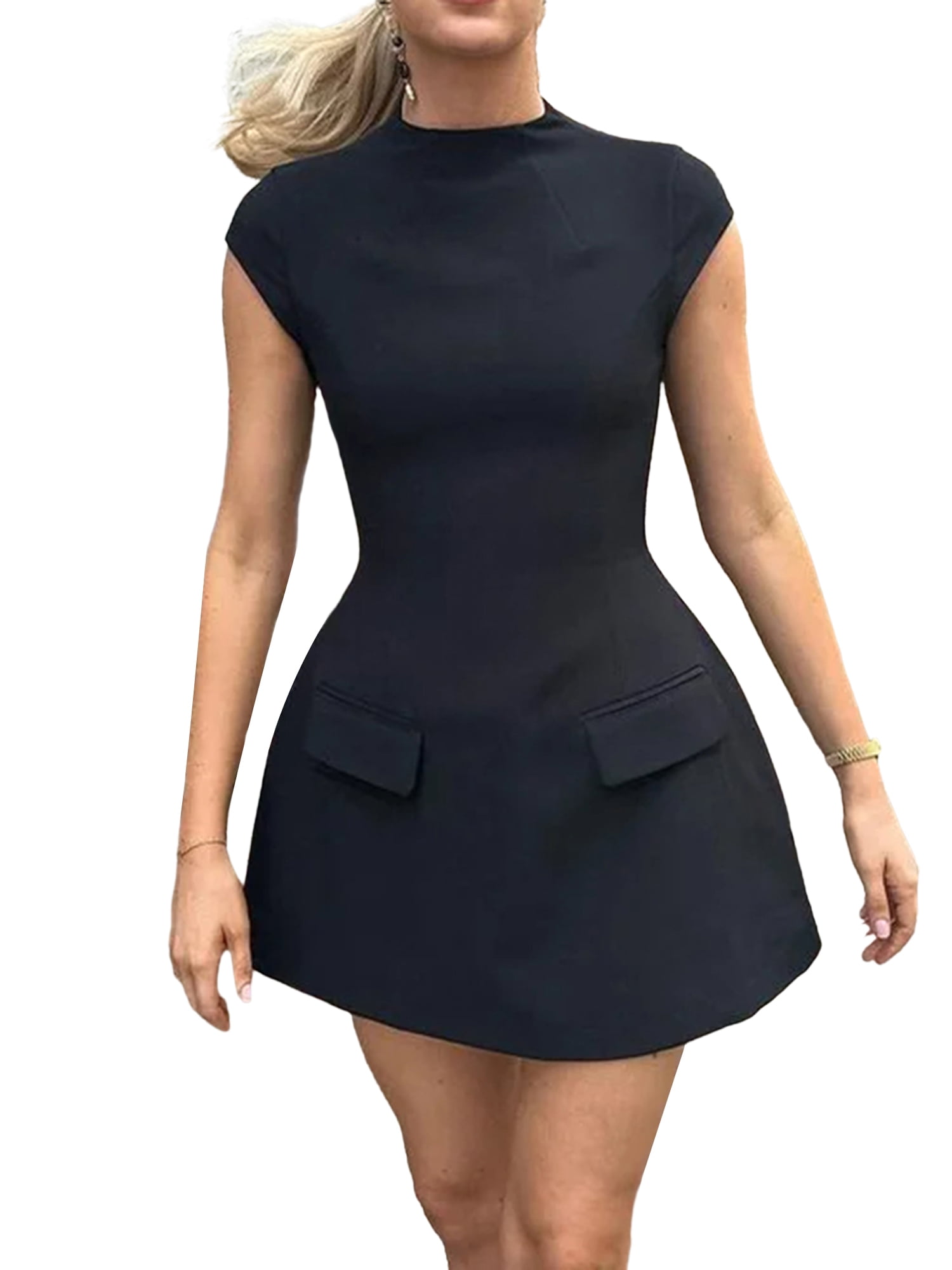 ZAXARRA Women Summer Mini Dress Solid Color Cap Sleeve A-line Dress ...