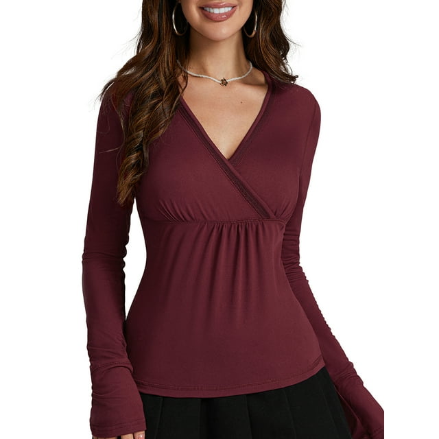 ZAXARRA Women's Deep V Neck Long Sleeve Cross Wrap Slim Fit Ruched Top ...