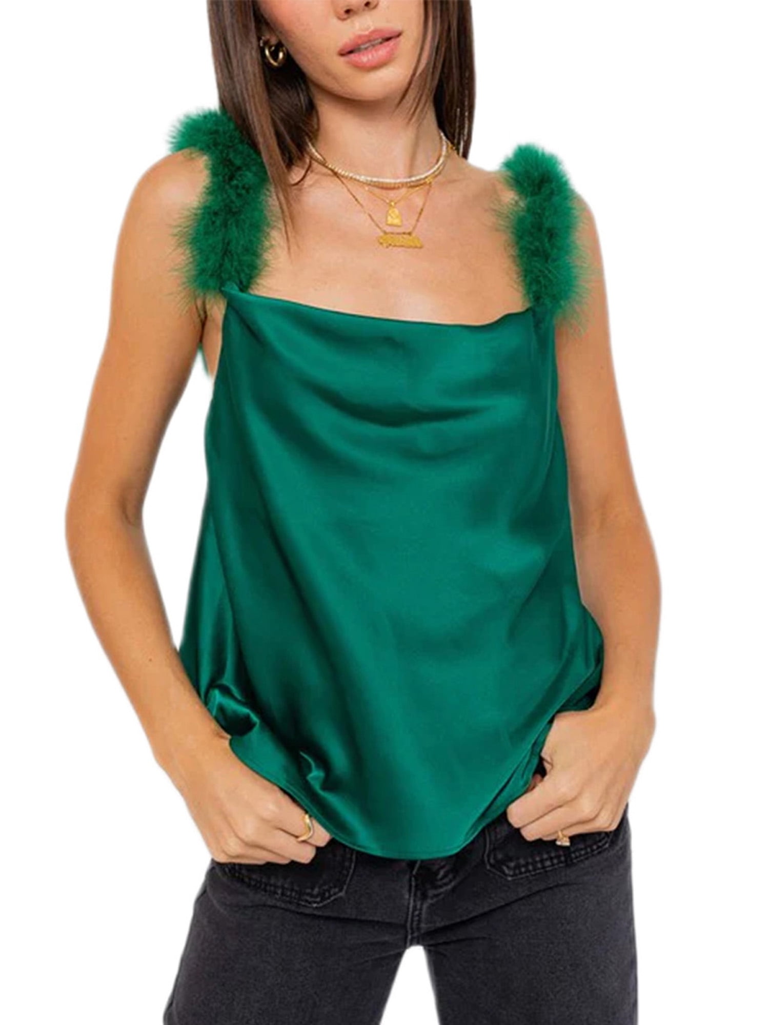 ZAXARRA Women's Satin Tank Tops Solid Color Feather Shoulder Strap Vest ...