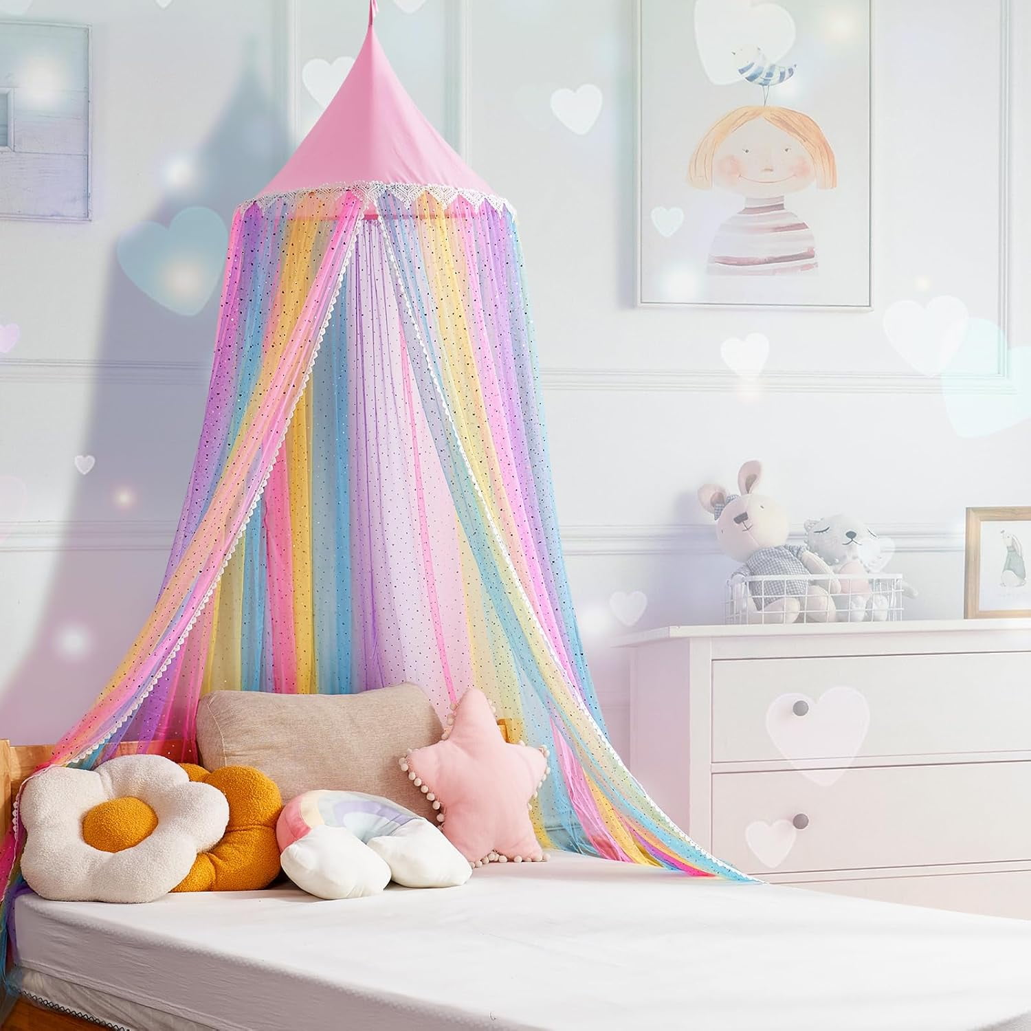 ZAZAIKS Rainbow Bed Canopy for Girls,Shiny Kids Princess Round Dome Bed ...