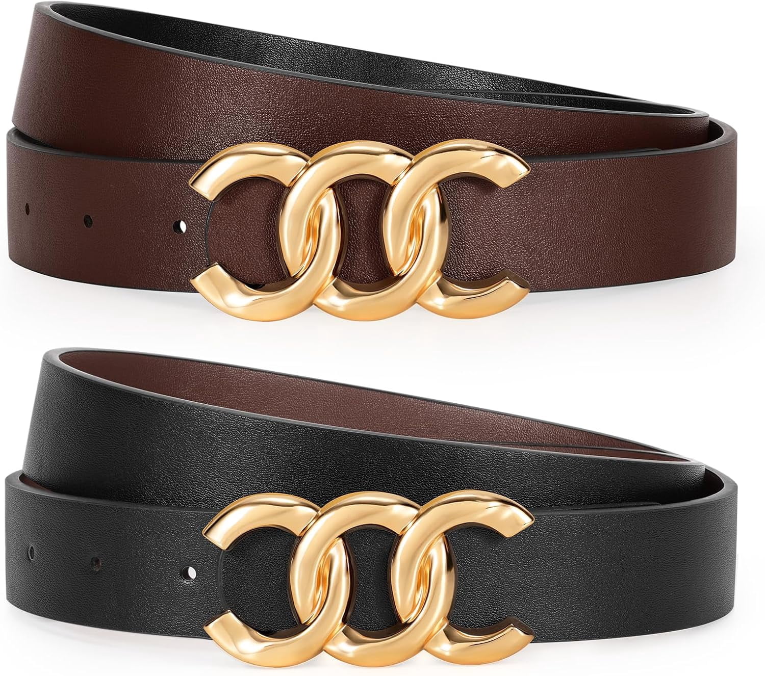 ZAZAIKS Women's Reversible Leather Belt with Gold Buckle Two-in-One ...