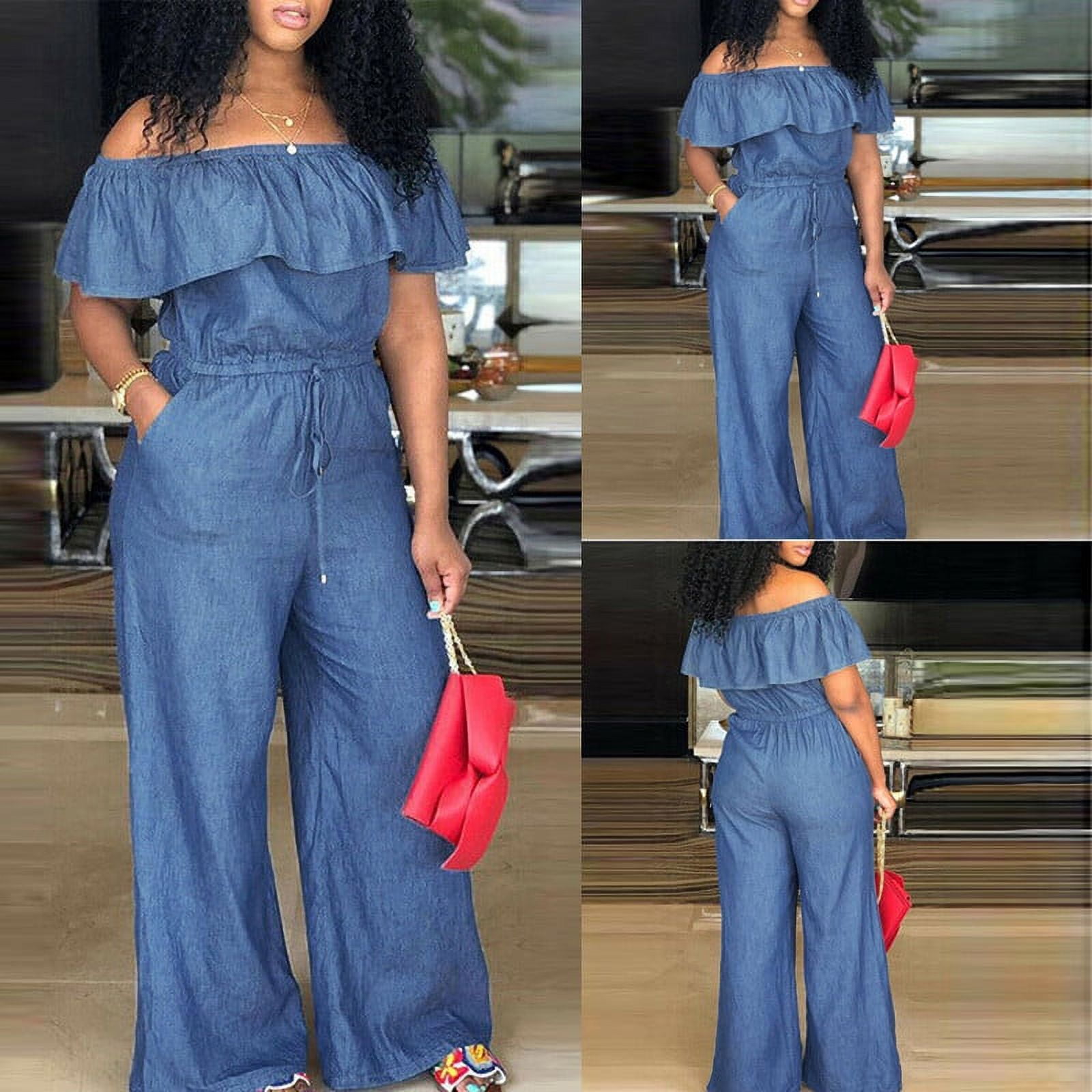 ZAZYULZ Pant Rompers for Women Women Off Shoulder Denim Jeans Look Long ...