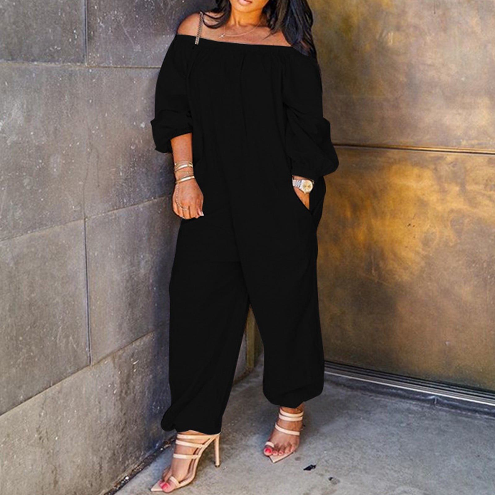 ZAZYULZ Women Jumpsuits Women Casual Solid Cold Shoulder Long Sleeve ...