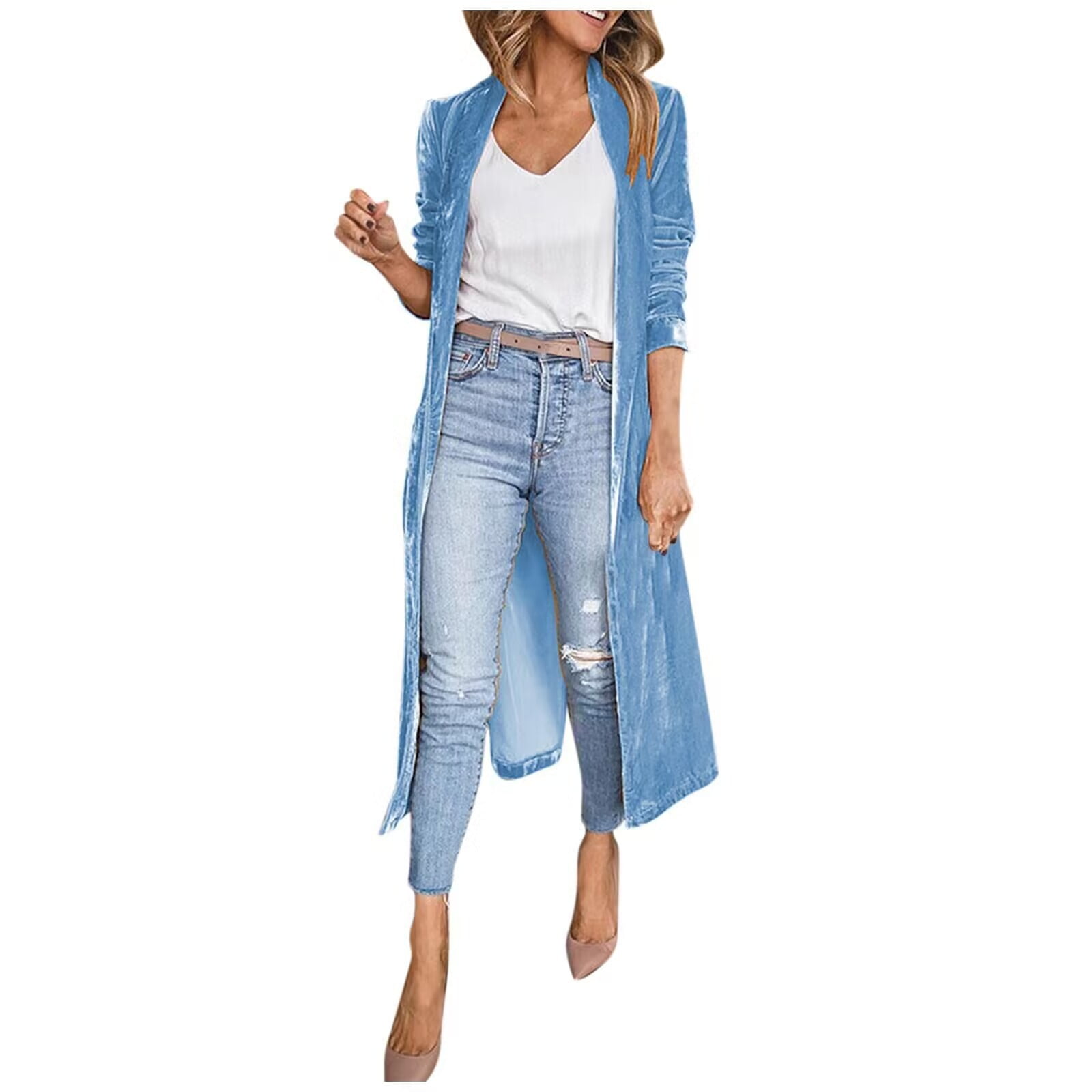 ZAZYULZ Women's Long Velvet Cardigan Jacket Lapel Collar Open Front ...