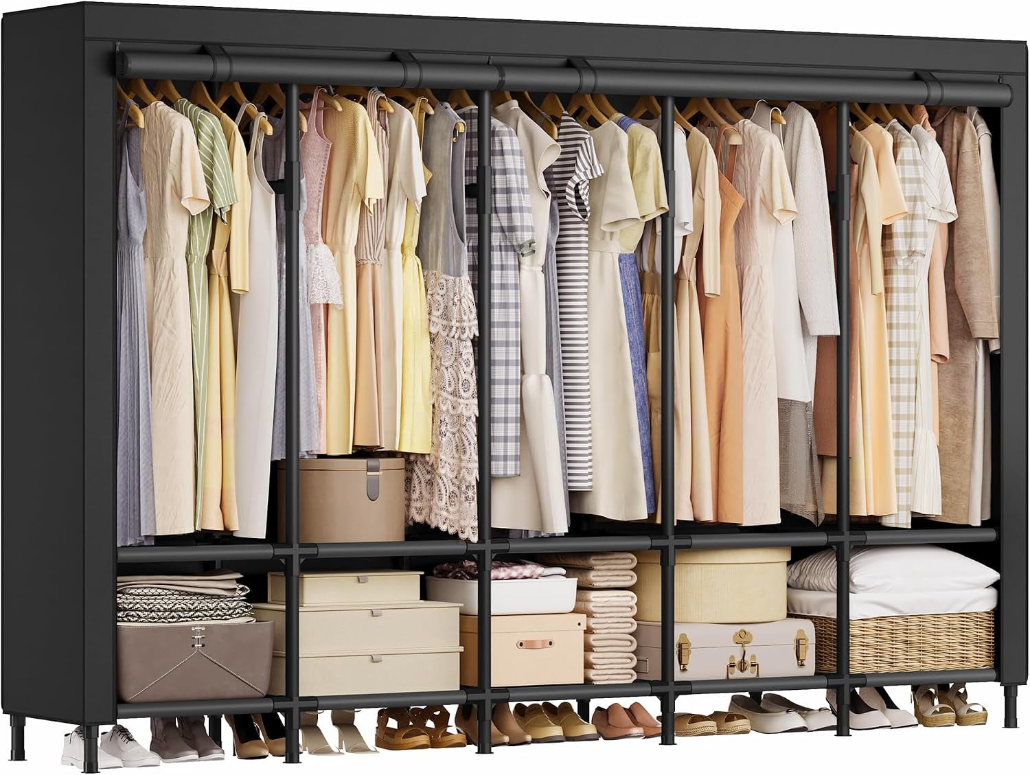 ZBAKF Wardrobe Closet with Fabric Cover, 5 Hanging Rails & 10 Shelves ...