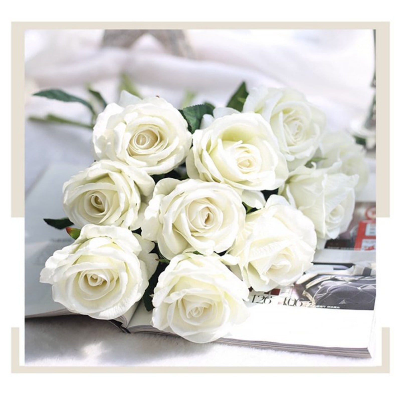 ZBFJINX 12 Pcs Rose Artificial Flowers Realistic White Roses With Stems ...