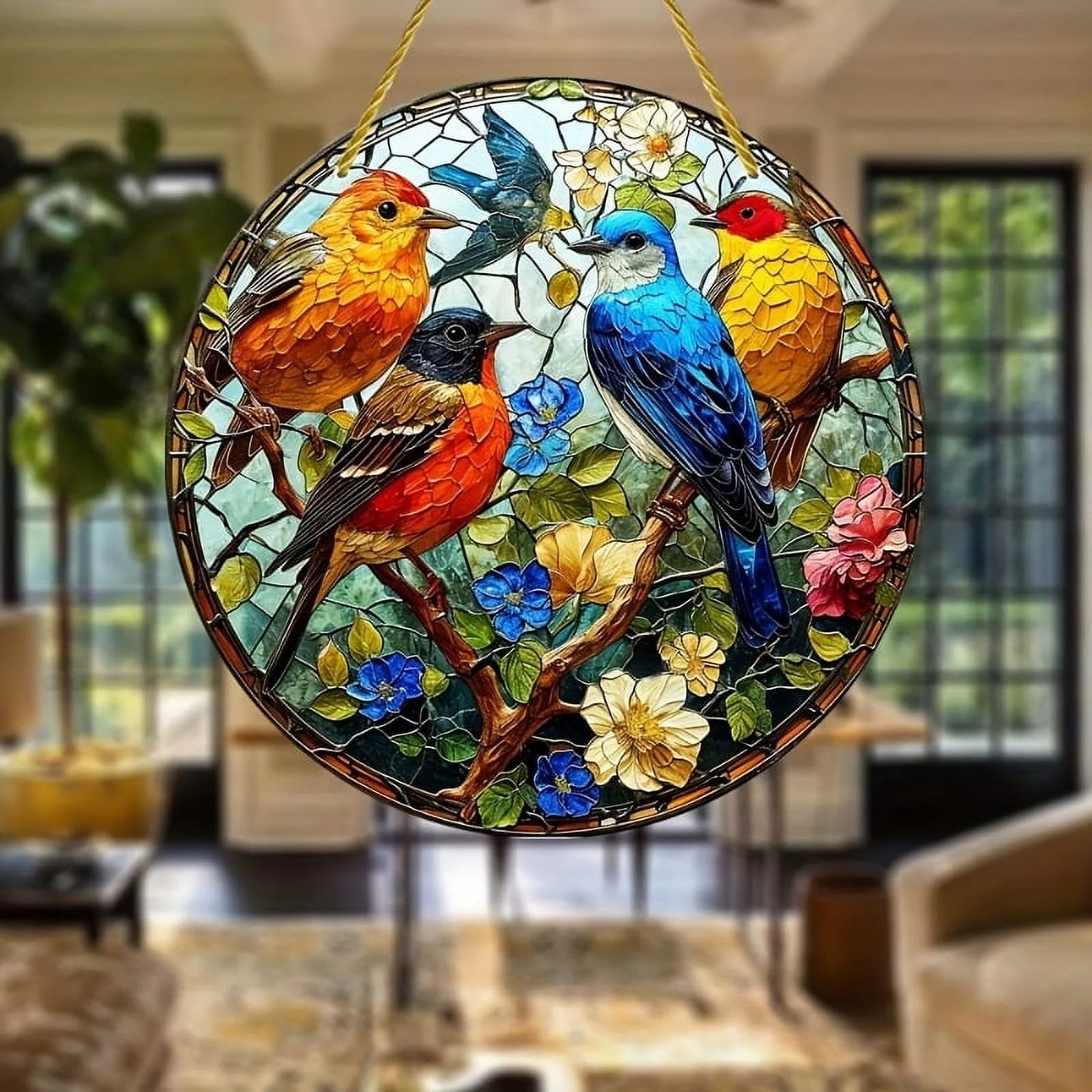ZBFJINX Bird Lover's Stained Glass Window Hanging Design With Metal ...