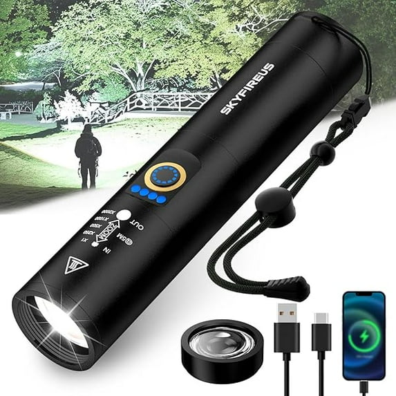 ZC LED Rechargeable Flashlight with Focusing Lens,9000 Super Bright ...