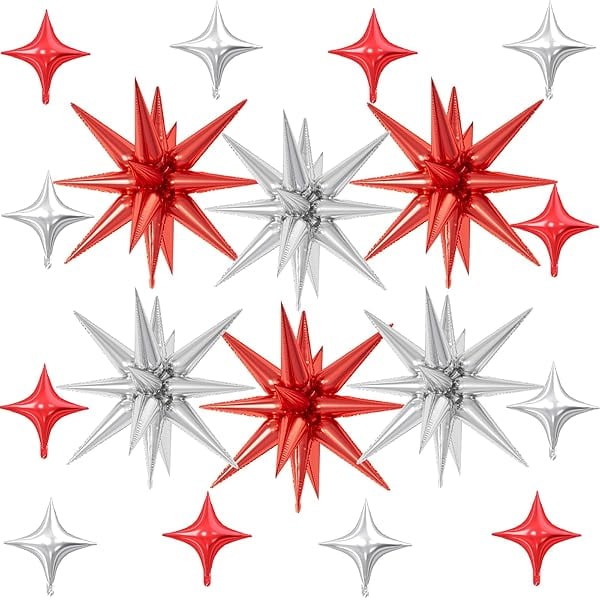 ZC18 Pcs Red Silver Star Balloons, Silver and Red Balloon with 6 Pcs 22 ...
