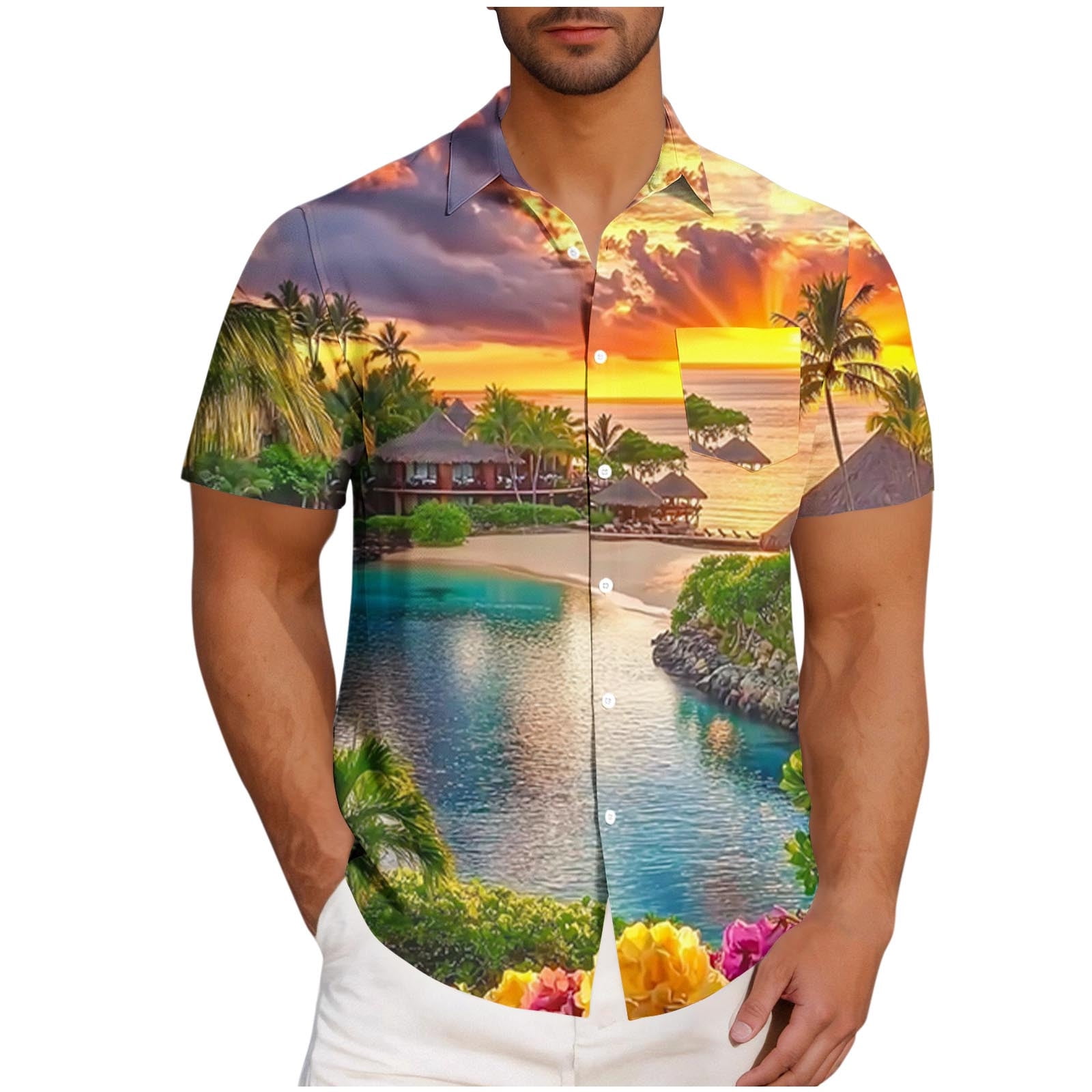 ZCFZJW 3D Novelty Print Hawaiian Shirts for Men Trendy Summer Tropical Palm Tree Beach Vacation ...