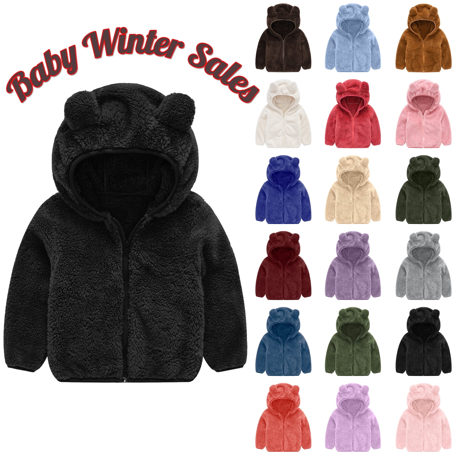ZCFZJW Baby Boys Girls Toddler Hooded Jacket Fleece Hoodie Winter Warm Solid Color Coat Cute ...