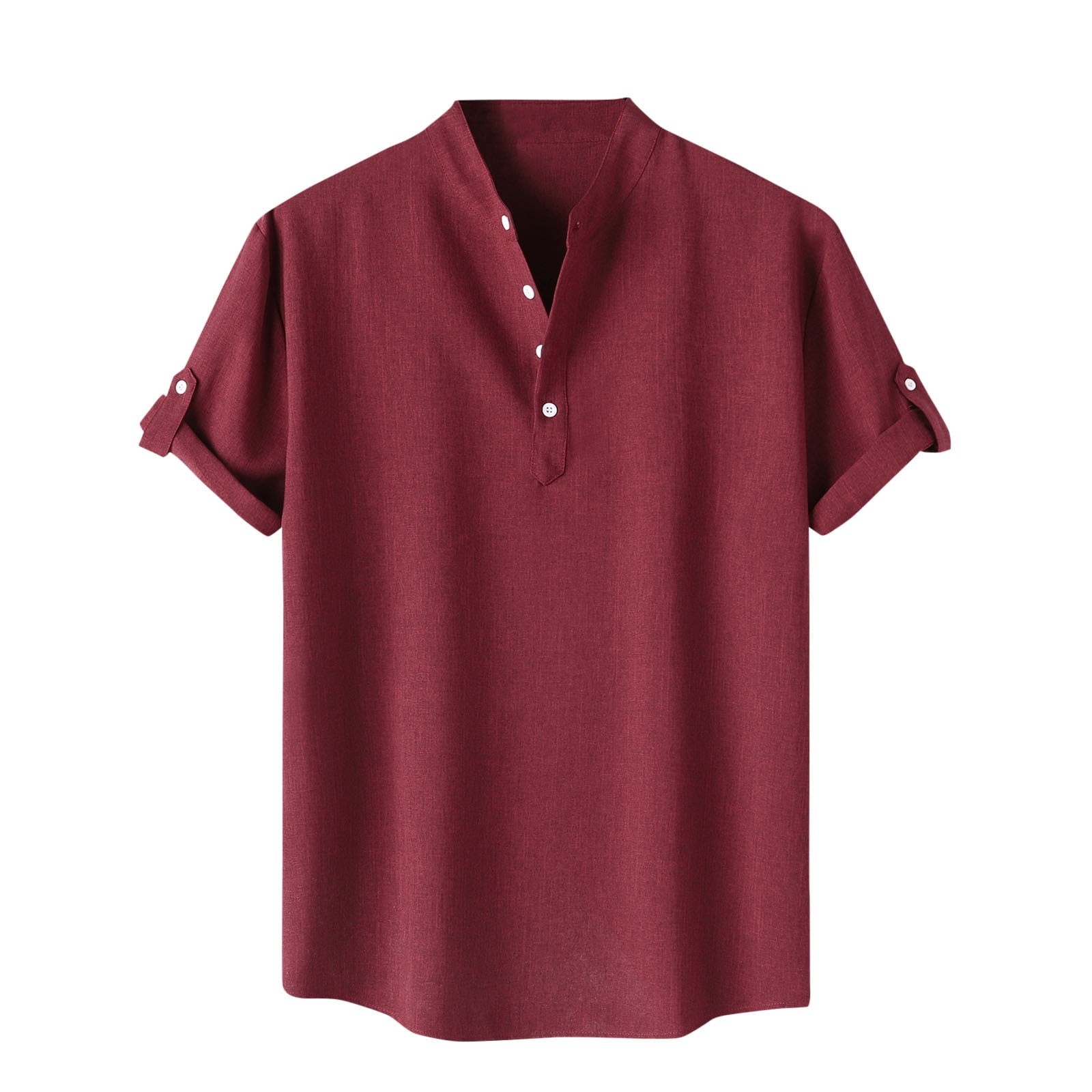 ZCFZJW Half Button up Shirts for Men Casual Solid Color Rolled Short Sleeve V Neck Plain Tees ...