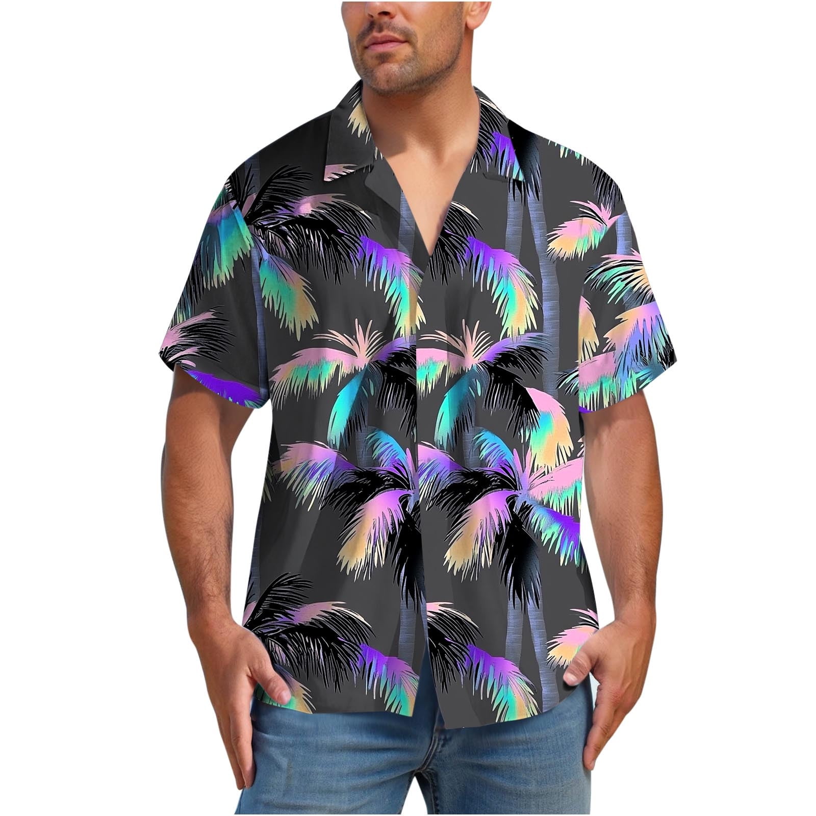 ZCFZJW Hawaiian Shirts for Men Fashion Summer Tropical Palm Tree Print Short Sleeve Button Down ...