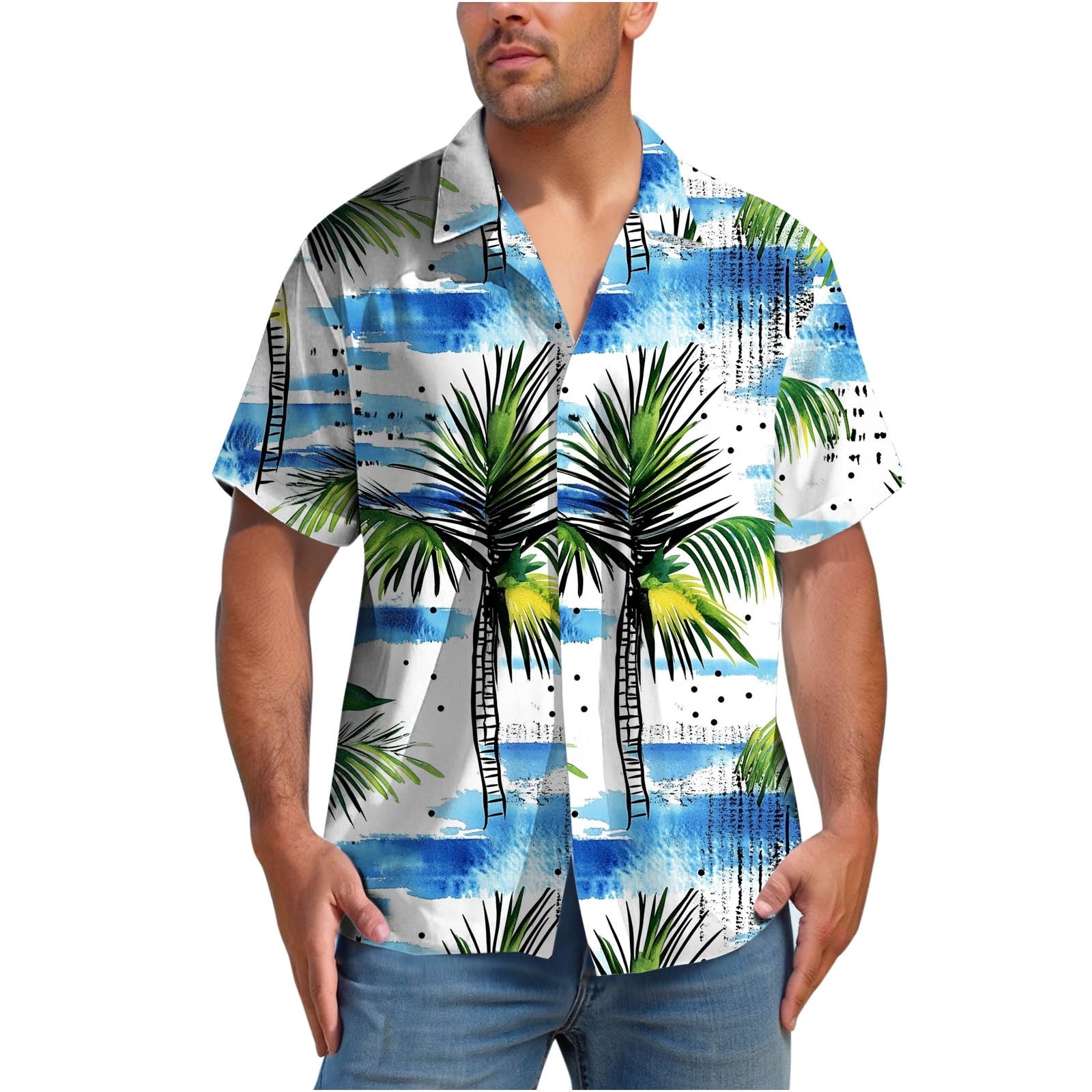 ZCFZJW Hawaiian Shirts for Men Fashion Summer Tropical Palm Tree Print Short Sleeve Button Down ...