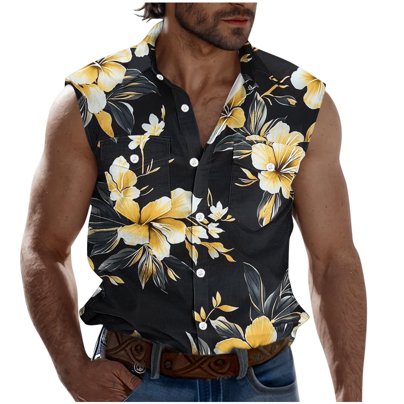 ZCFZJW Hawaiian Shirts for Men Lightweight Casual Summer Tropical Palm Tree Print Sleeveless ...