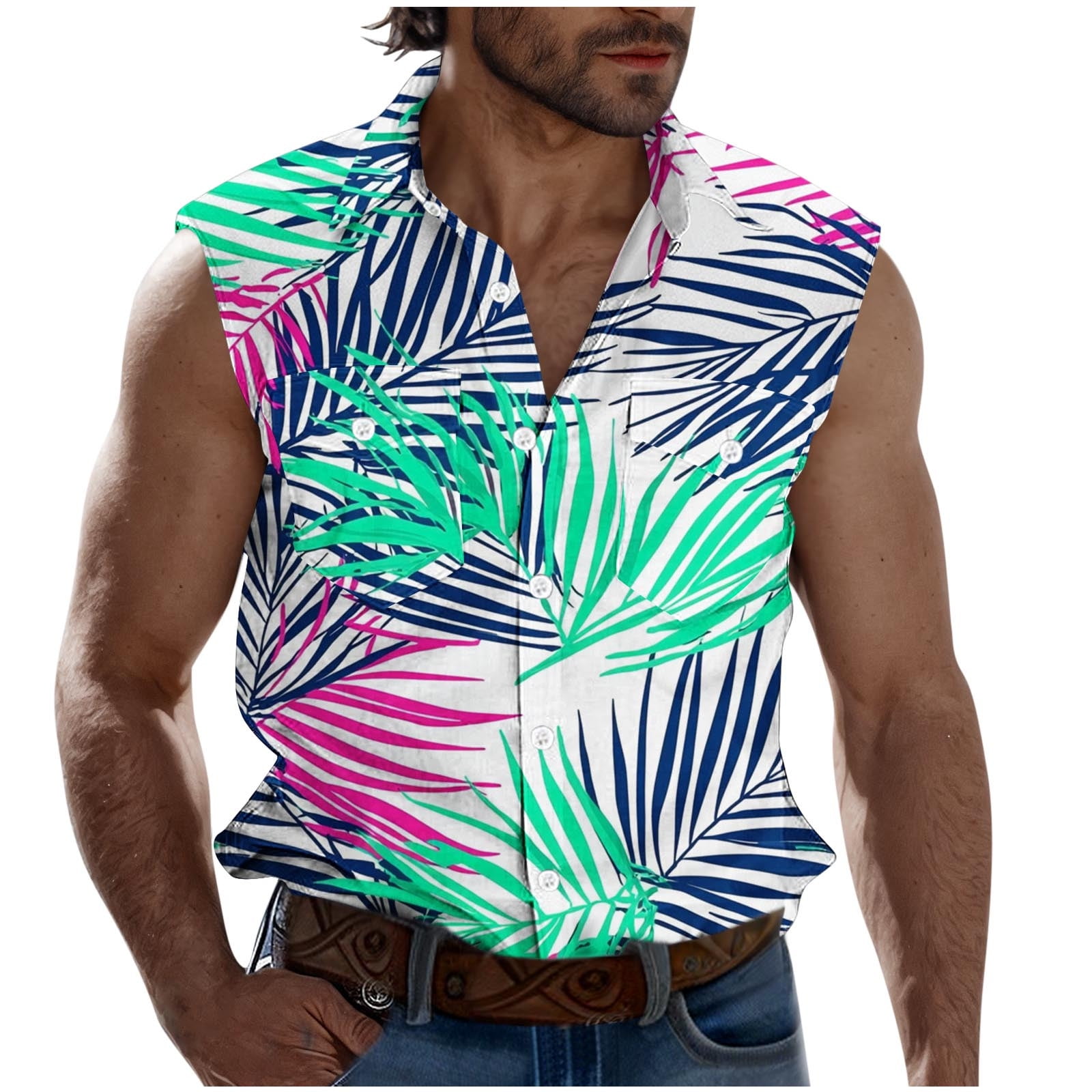 ZCFZJW Hawaiian Shirts for Men Lightweight Casual Summer Tropical Palm Tree Print Sleeveless ...