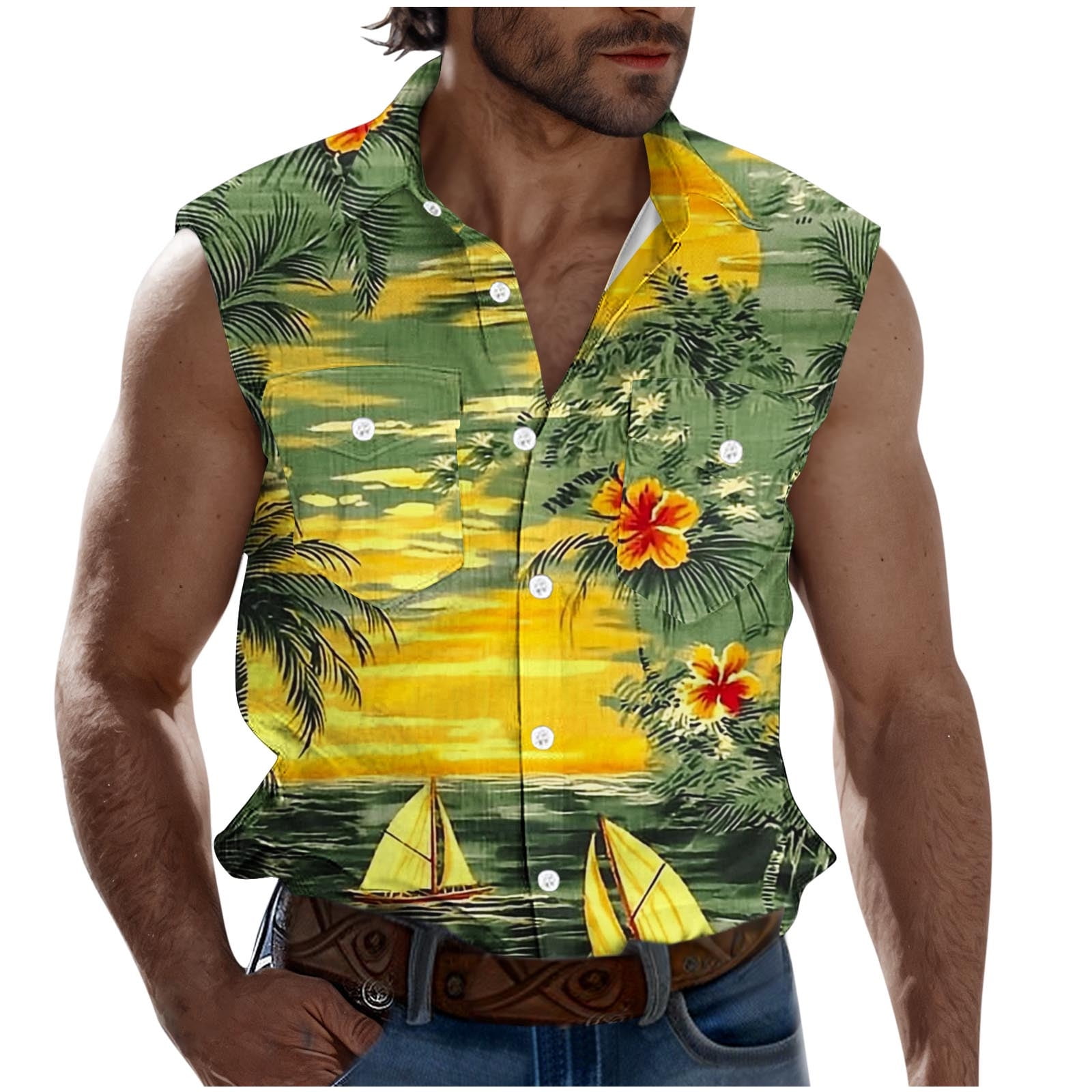 ZCFZJW Hawaiian Shirts for Men Lightweight Casual Summer Tropical Palm Tree Print Sleeveless ...