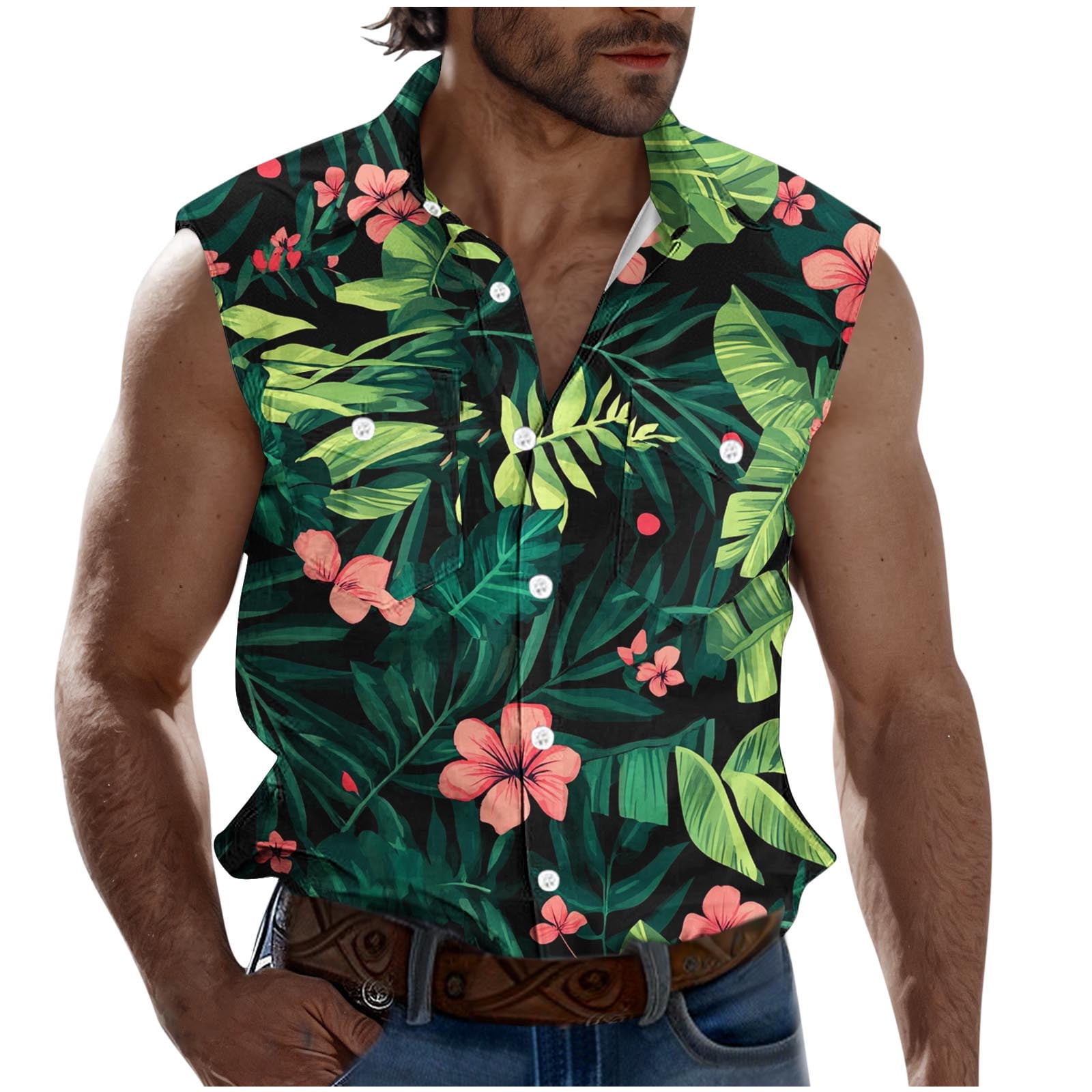 ZCFZJW Hawaiian Shirts for Men Lightweight Casual Summer Tropical Palm Tree Print Sleeveless ...