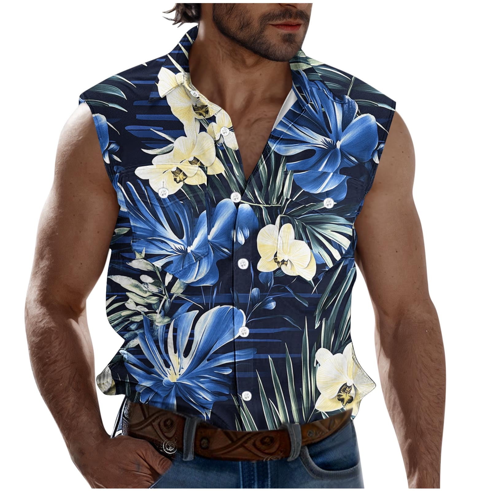 ZCFZJW Hawaiian Shirts for Men Lightweight Casual Summer Tropical Palm Tree Print Sleeveless ...