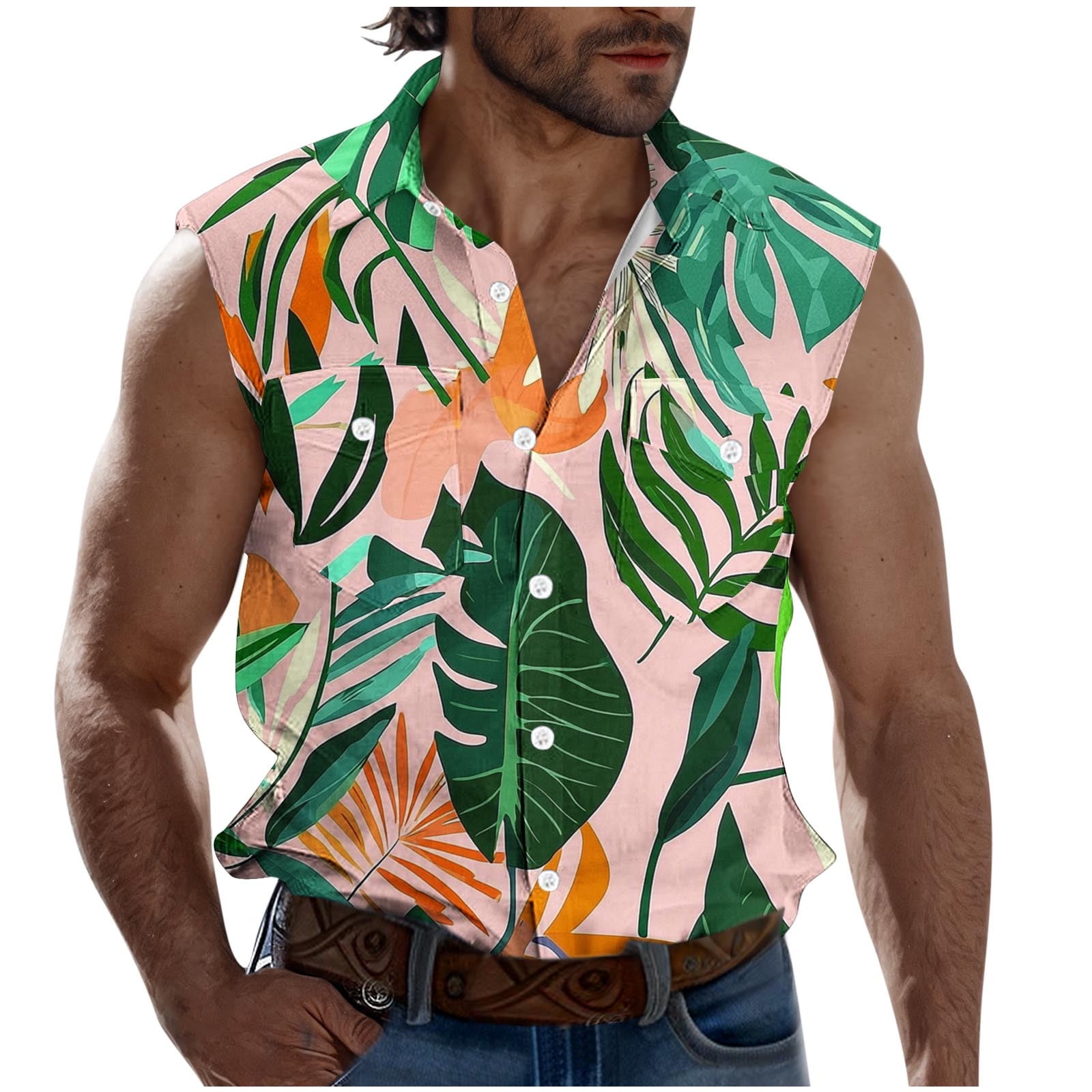 ZCFZJW Hawaiian Shirts for Men Lightweight Casual Summer Tropical Palm Tree Print Sleeveless ...