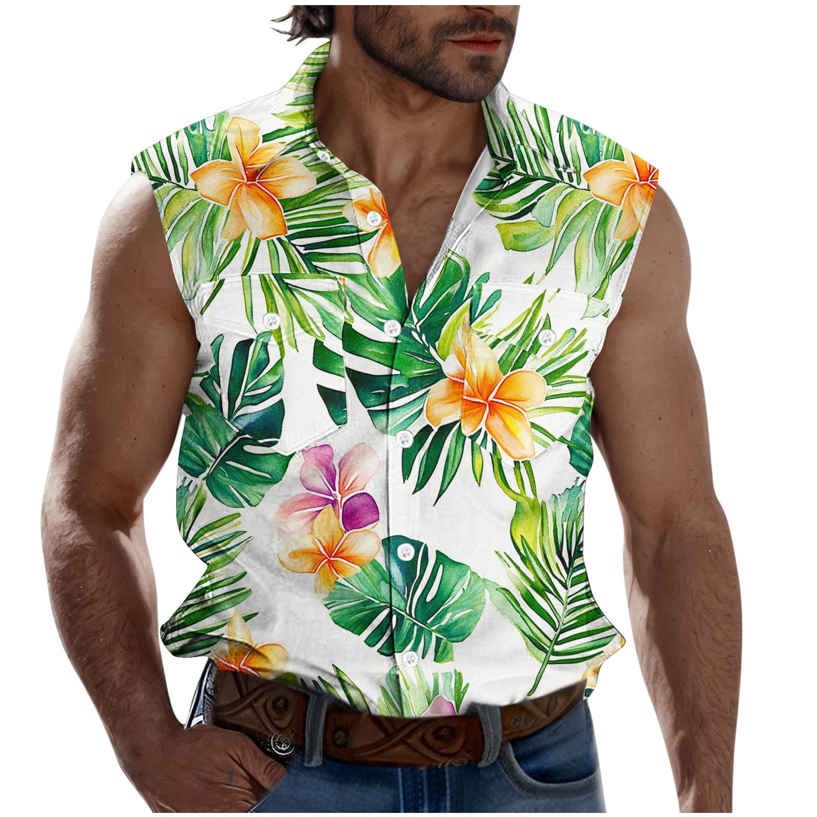 ZCFZJW Hawaiian Shirts for Men Lightweight Casual Summer Tropical Palm Tree Print Sleeveless ...