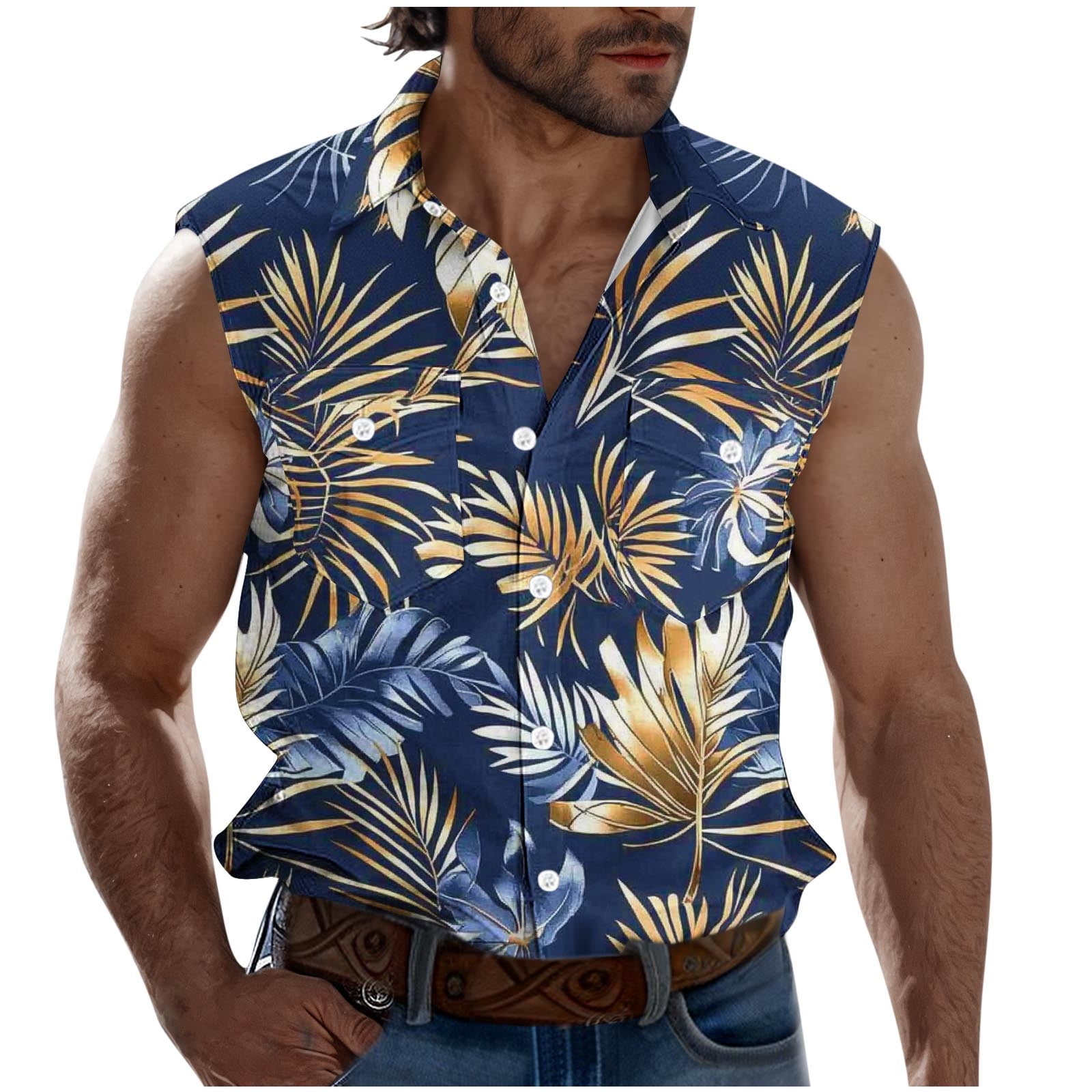 ZCFZJW Hawaiian Shirts for Men Lightweight Casual Summer Tropical Palm Tree Print Sleeveless ...