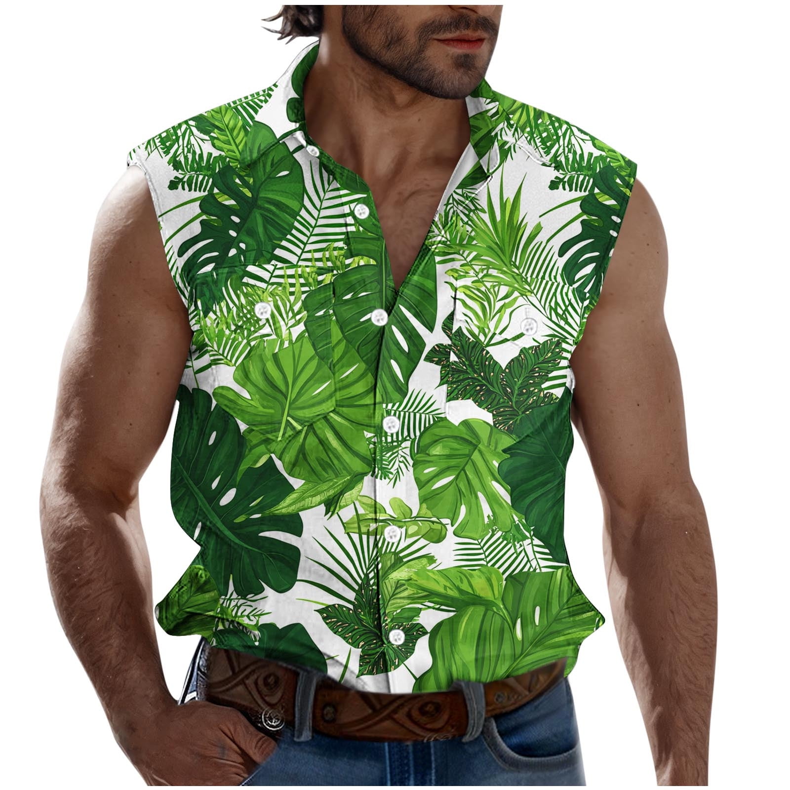 ZCFZJW Hawaiian Shirts for Men Lightweight Casual Summer Tropical Palm Tree Print Sleeveless ...