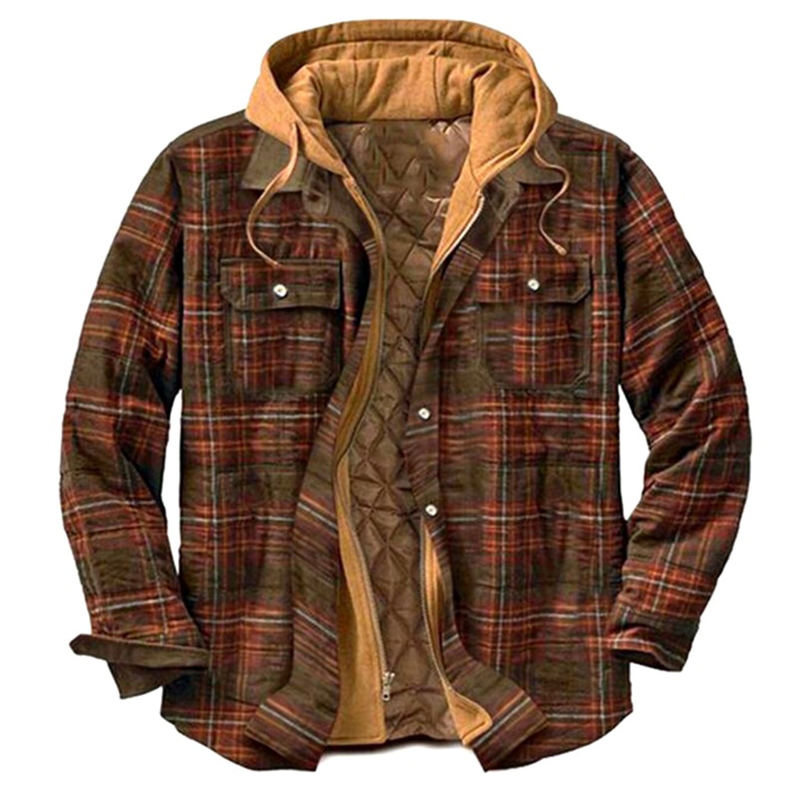 ZCFZJW Heavy Thick Flannel Plaid Jacket Quilted Lined Hoodies for Men ...