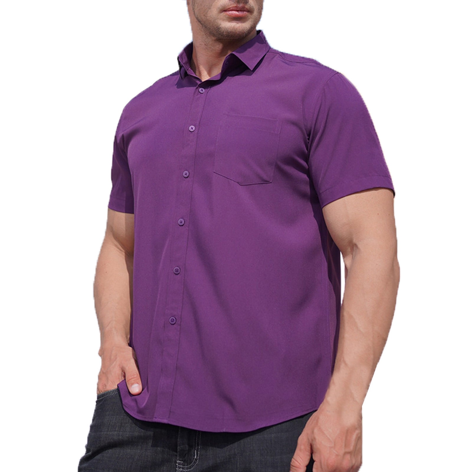 Zcfzjw Mens Dress Shirts Casual Solid Color Short Sleeve Regular Fit