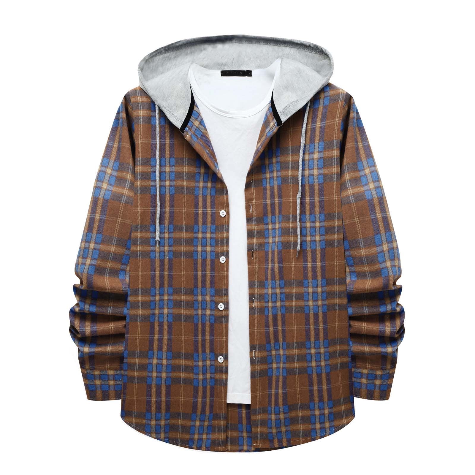 ZCFZJW Men's Flannel Plaid Hooded Shirts Casual Long Sleeve Button Down ...