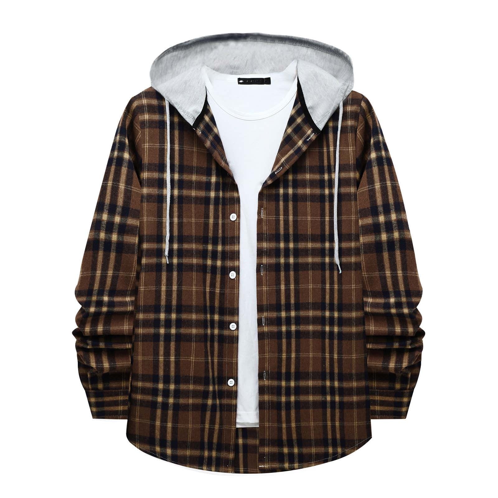 ZCFZJW Men's Flannel Plaid Hooded Shirts Casual Long Sleeve Button Down ...