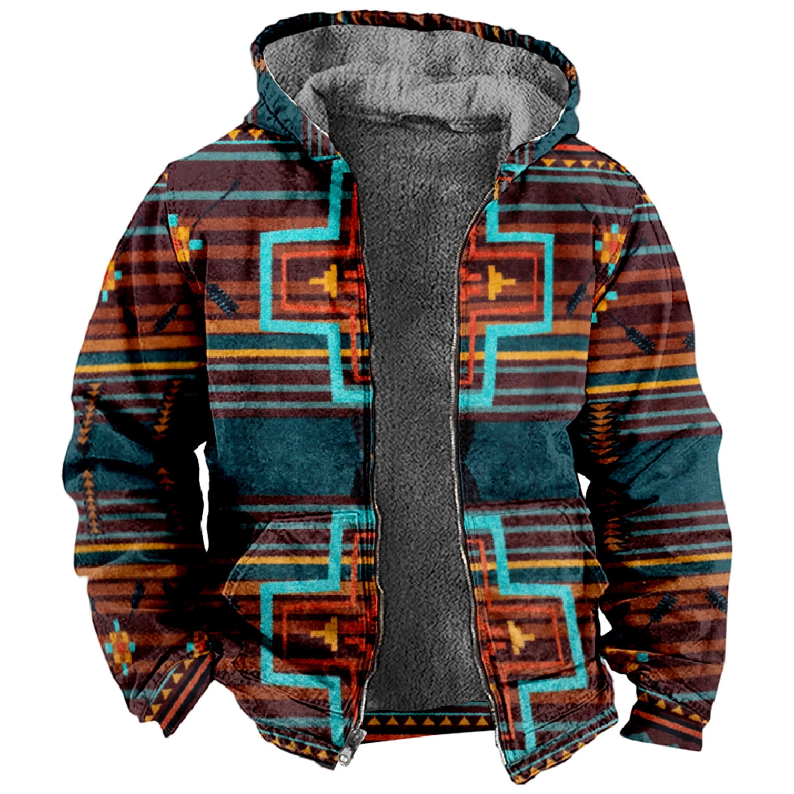Zcfzjw Mens Fuzzy Flannel Vintage Aztec Print Hooded Jacket Long