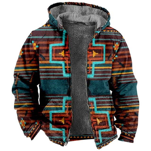 ZCFZJW Men's Fuzzy Flannel Vintage Aztec Print Hooded Jacket Long ...