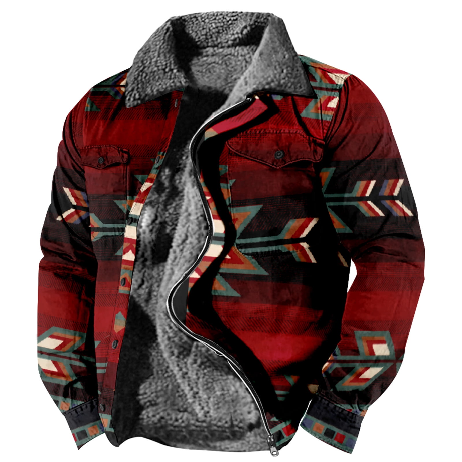 Zcfzjw Mens Sherpa Jackets Vintage Ethnic Style Aztec Print Winter Warm Super Thick Fleece