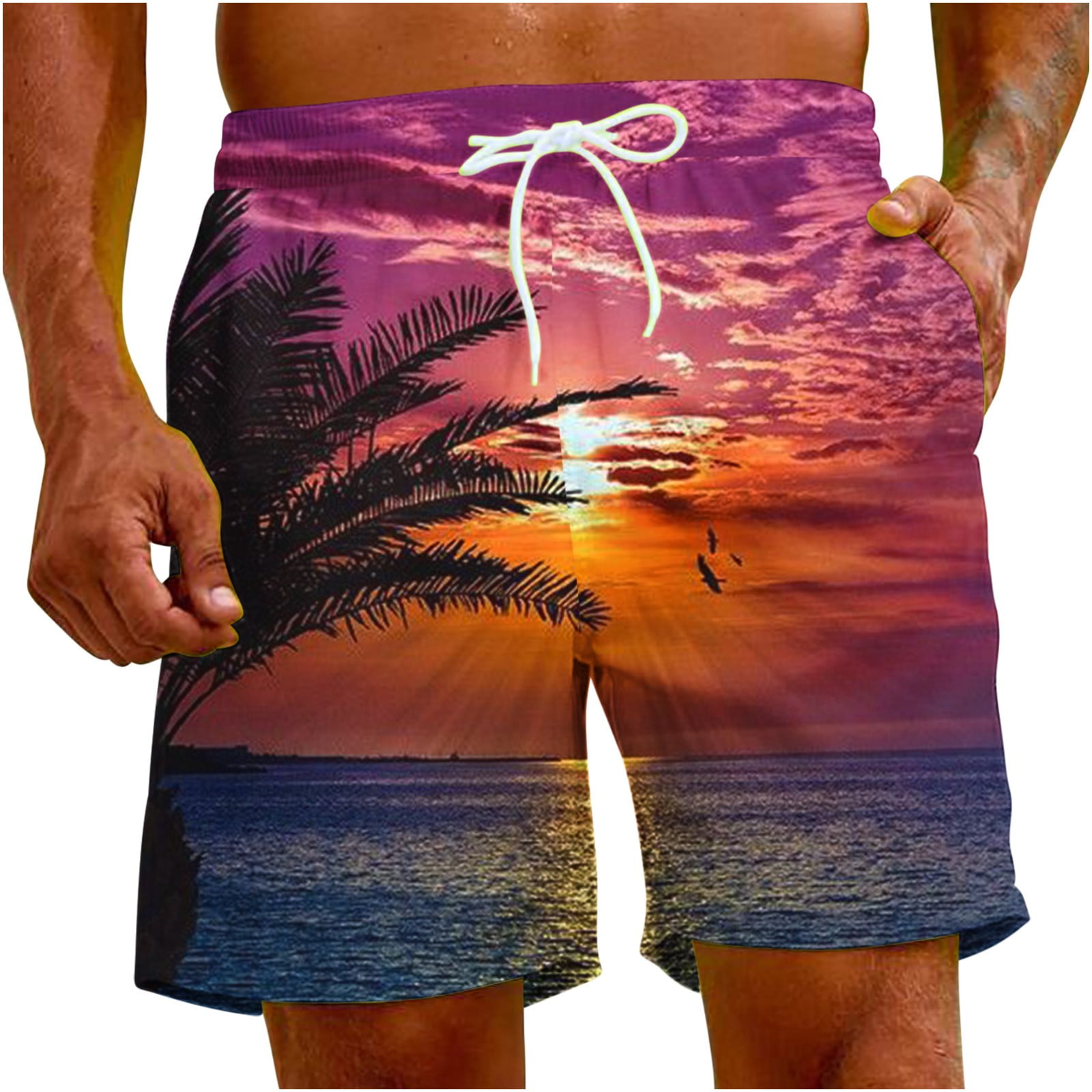 ZCFZJW Men's Swim Trunks with Pockets Tropical Palm Tree Sunset Print ...