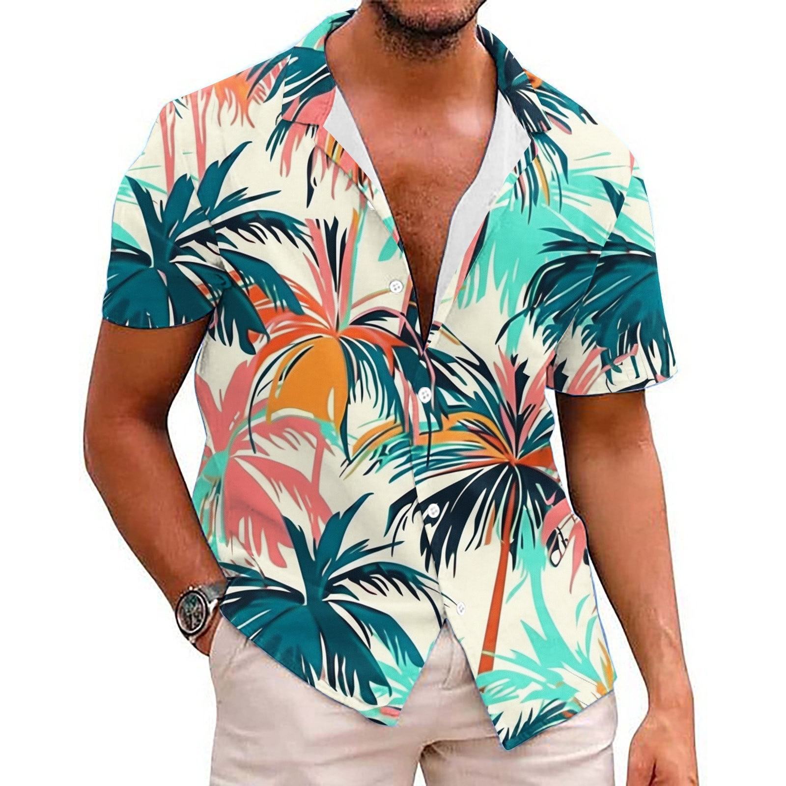 ZCFZJW Mens Casual Button Down Beach Hawaiian Shirts Trendy Summer Short Sleeve Tropical Palm ...