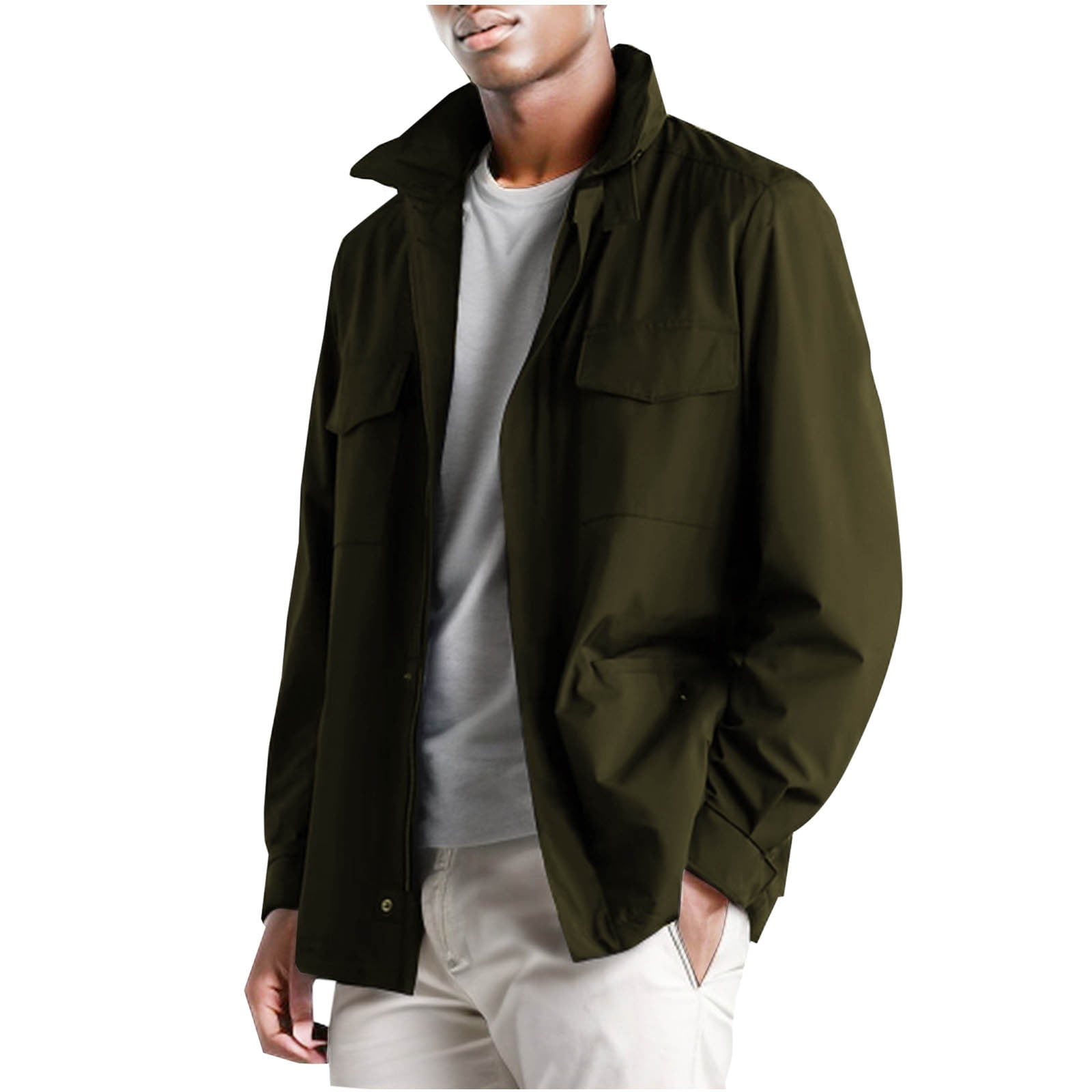ZCFZJW Mens Fashion Cargo Coat Casual Stand Collar Long Sleeve Full Zip ...
