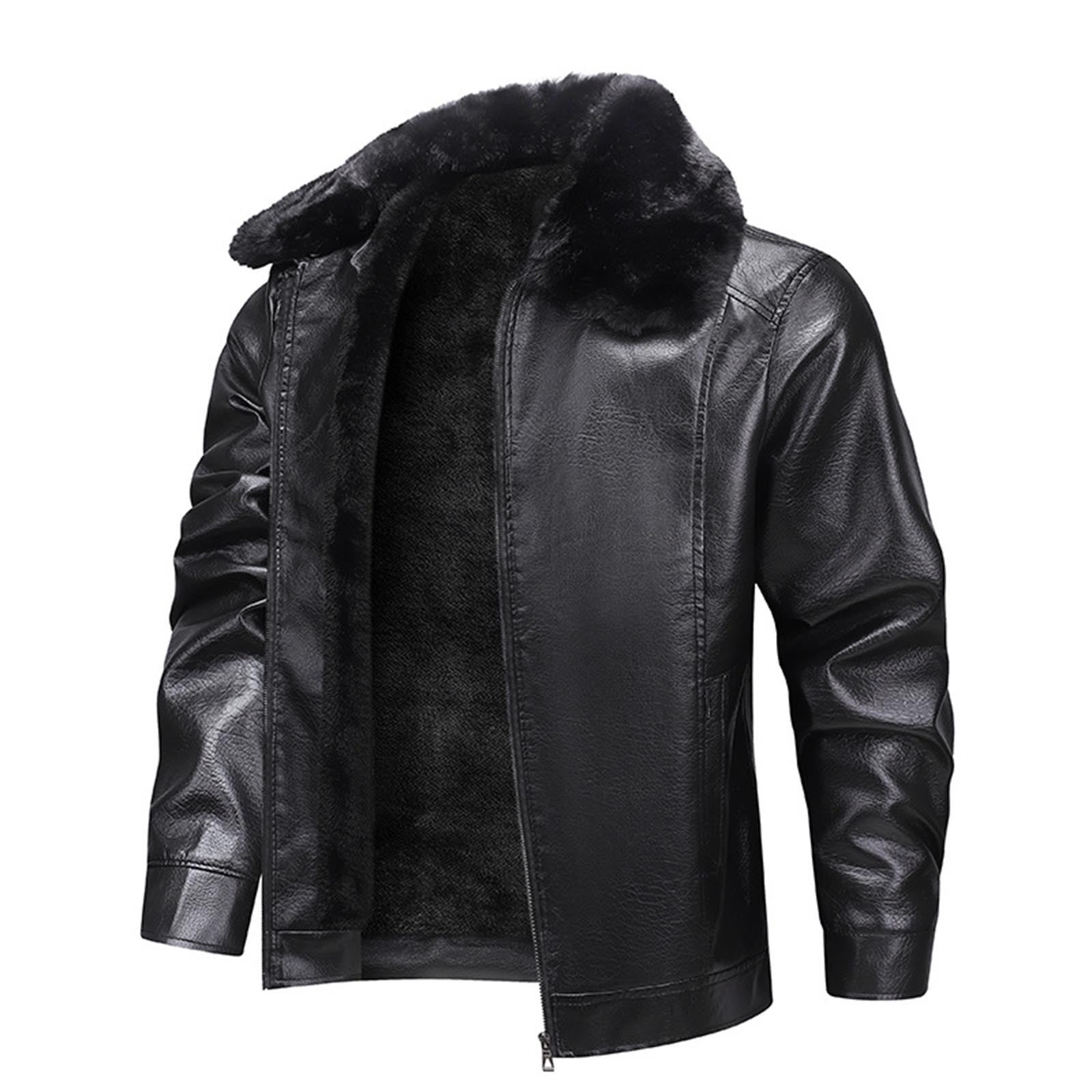 ZCFZJW Mens Faux Leather Flight Bomber Jacket with Fuzzy Warm Collar ...