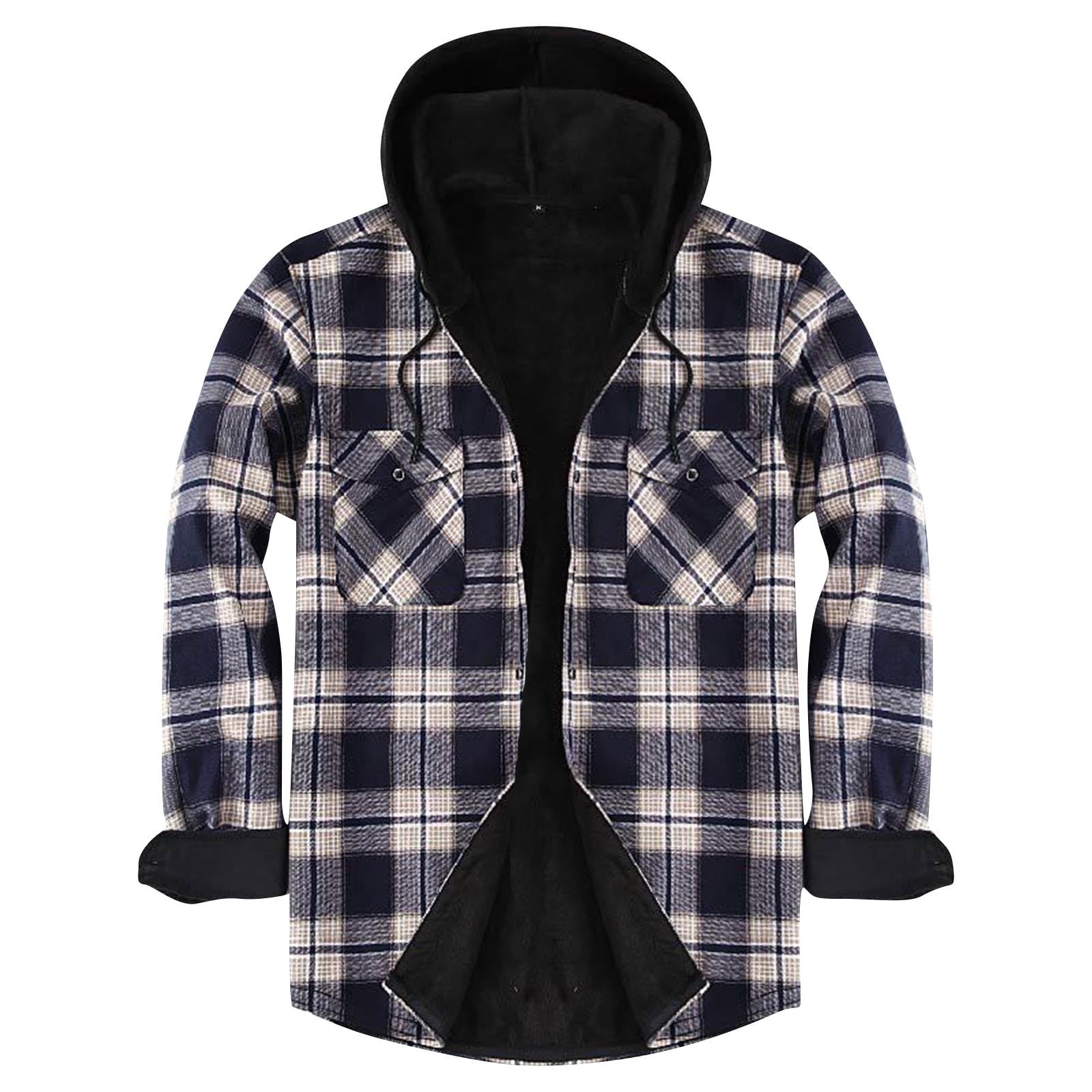 ZCFZJW Mens Flannel Plaid Coral Fleece Lined Hooded Shirt Jacket Fall ...