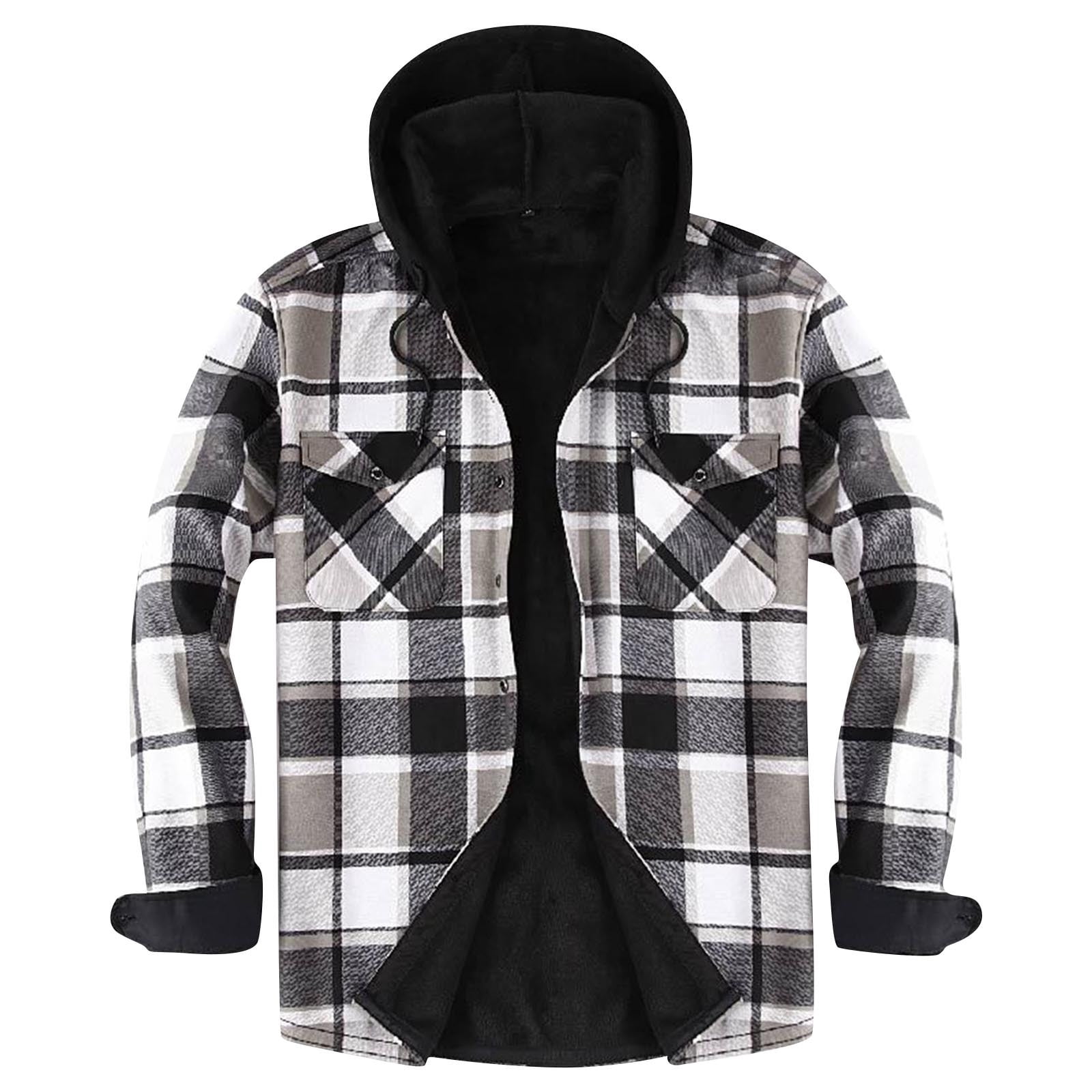 ZCFZJW Mens Flannel Plaid Coral Fleece Lined Hooded Shirt Jacket Fall ...
