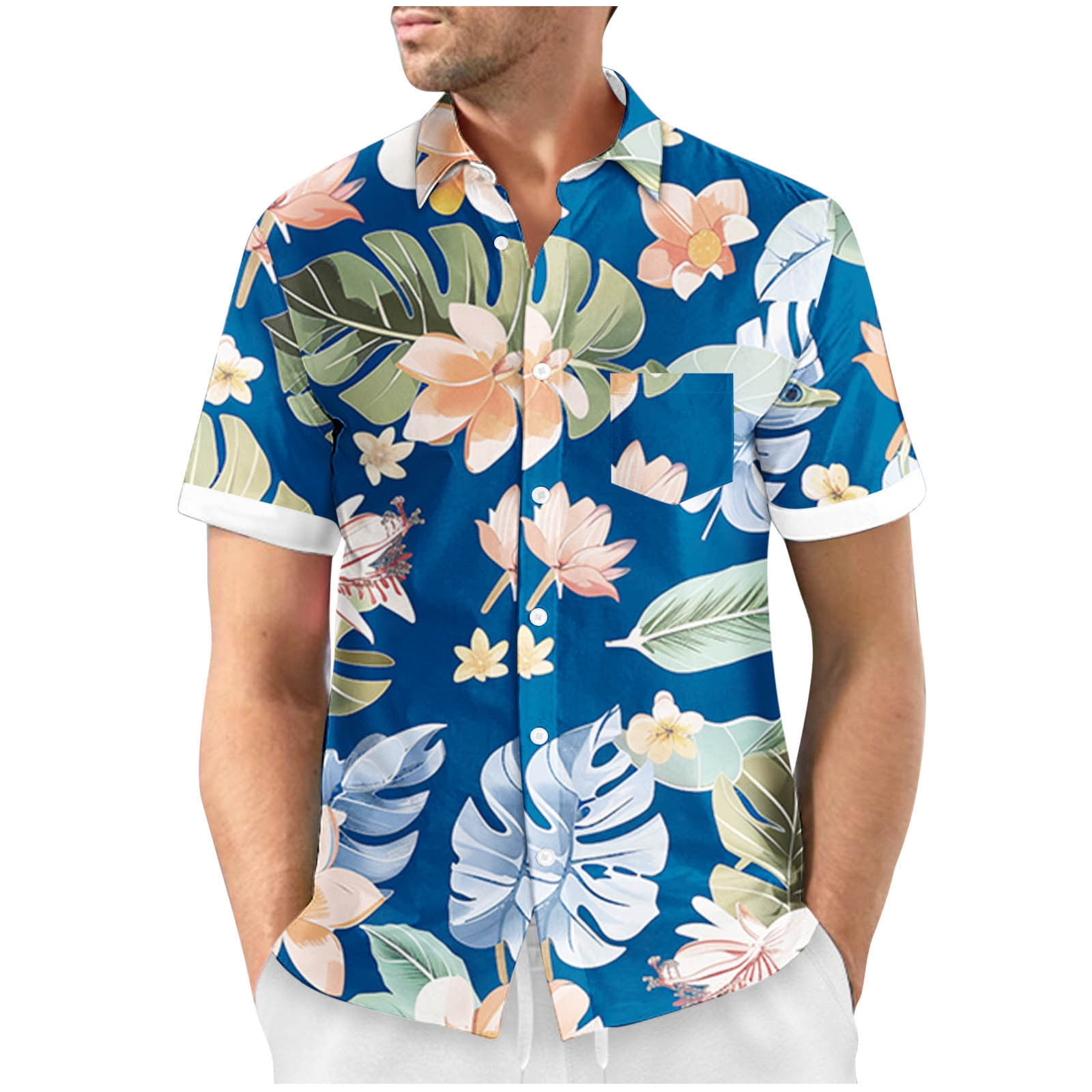 ZCFZJW Mens Hawaiian Shirts Short Sleeve Big and Tall Regular Fit Casual Floral Print Button ...